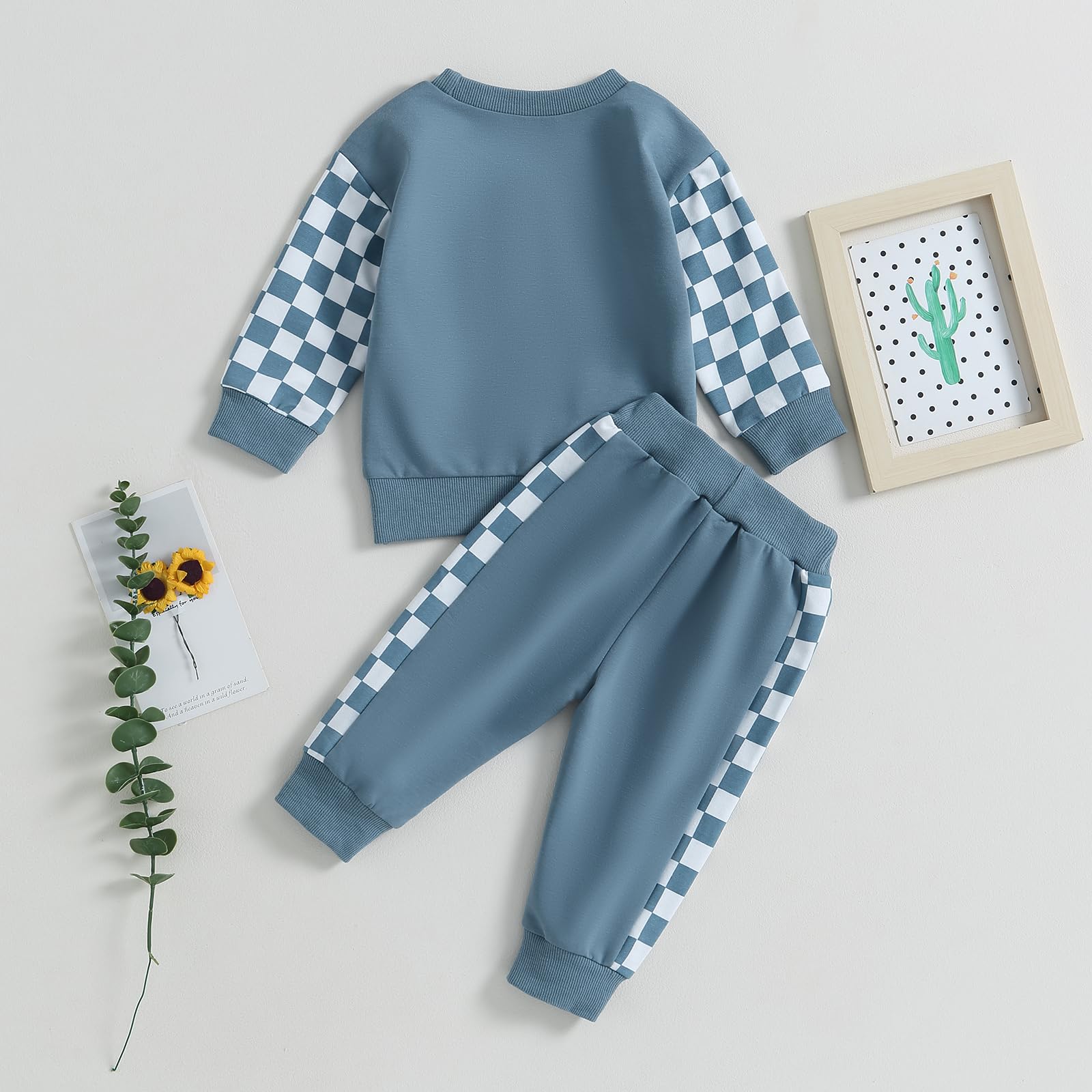 Toddler Baby Boy Fall Winter Outfit Contrast Color Long Sleeve Sweatshirts Stretch Jogger Pants Newborn Clothes Set (Plaid Blue, 18-24 Months)