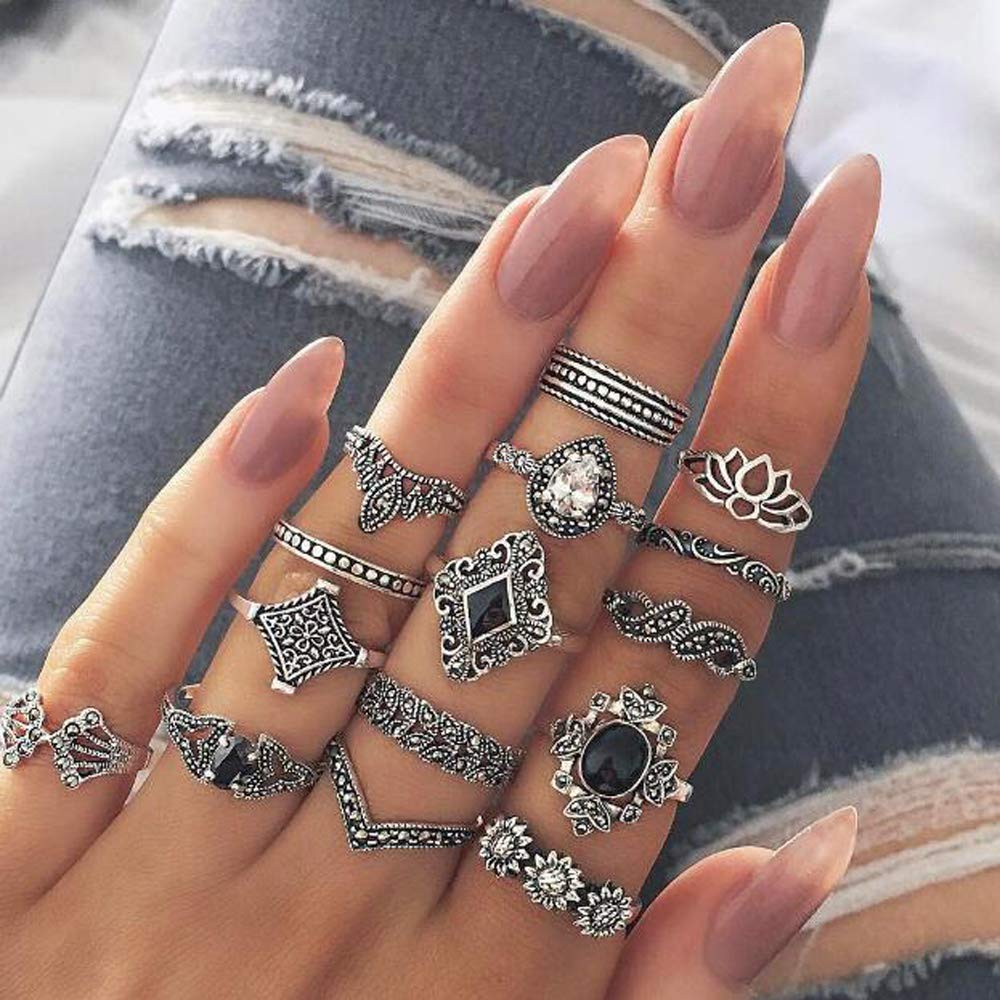 Xerling 15Pcs Vintage Knuckle Ring Set Teardrop Lotus Flower Floral Ring Set Black Gemstone Ring Retro Jewelry Crown Sunflower Geometric Finger Stacking Rings