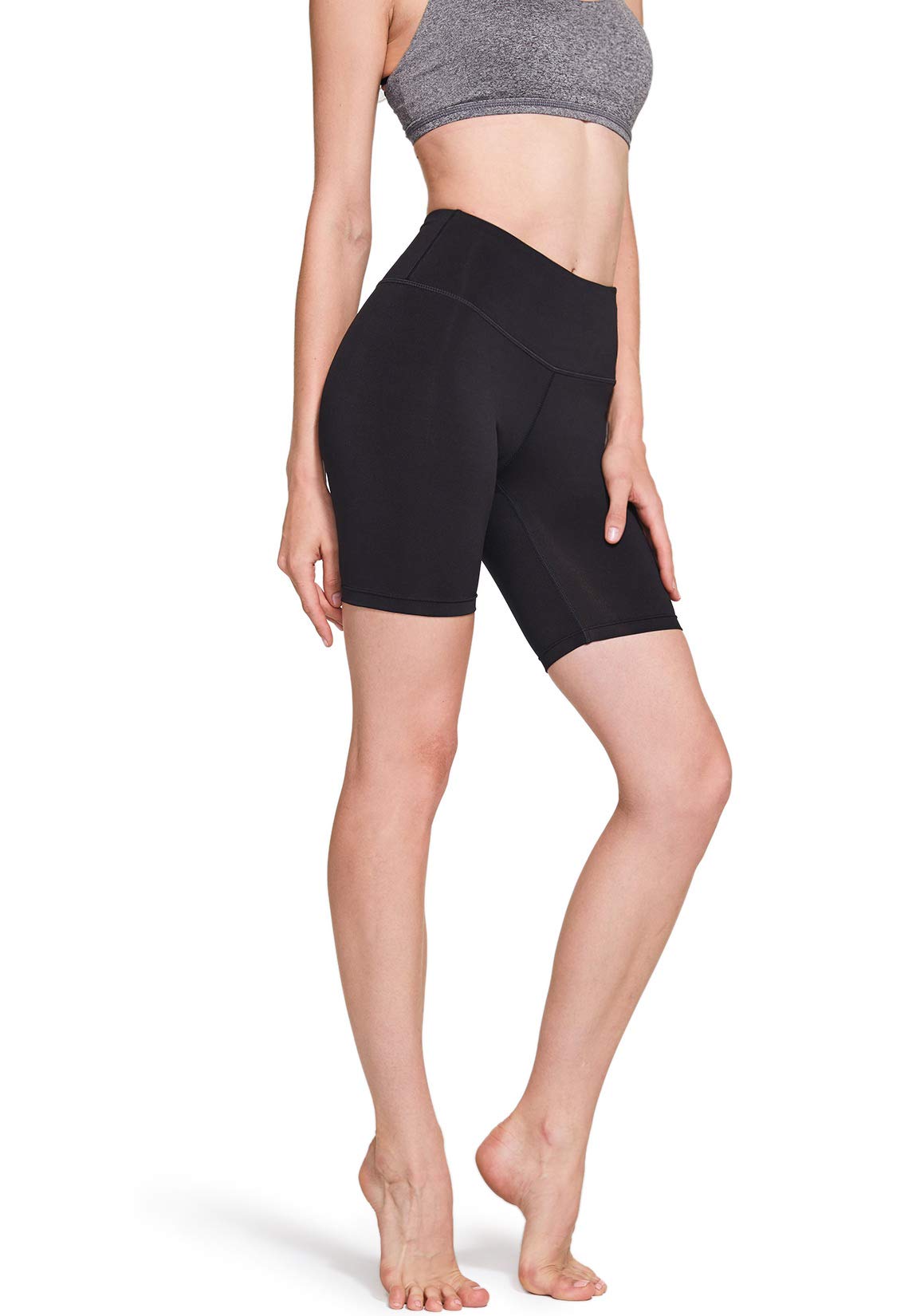 TSLA Women's High Waisted Bike Shorts, Workout Running Yoga Shorts with Pocket, Athletic Stretch Exercise Shorts, 7'' Yoga Shorts Black, Medium