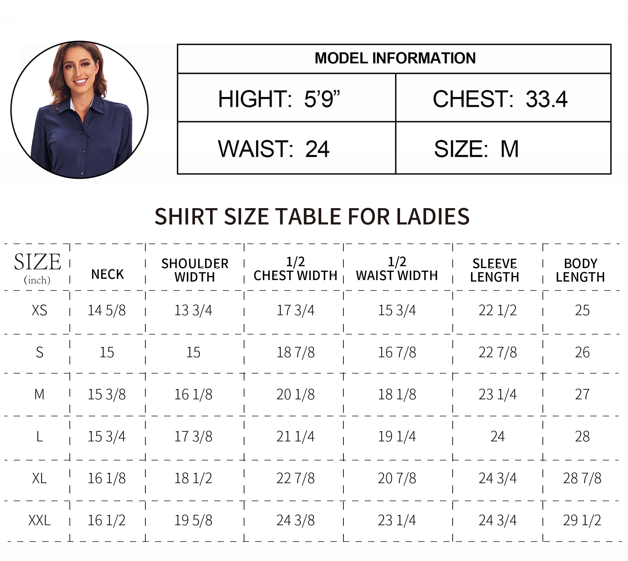 WARHORSEE Womens Button Down Shirt Long Sleeve Work Dress Shirts, V Neck Easy Care Stretchy Business Casual Blouses for Women(Navy,XXL)