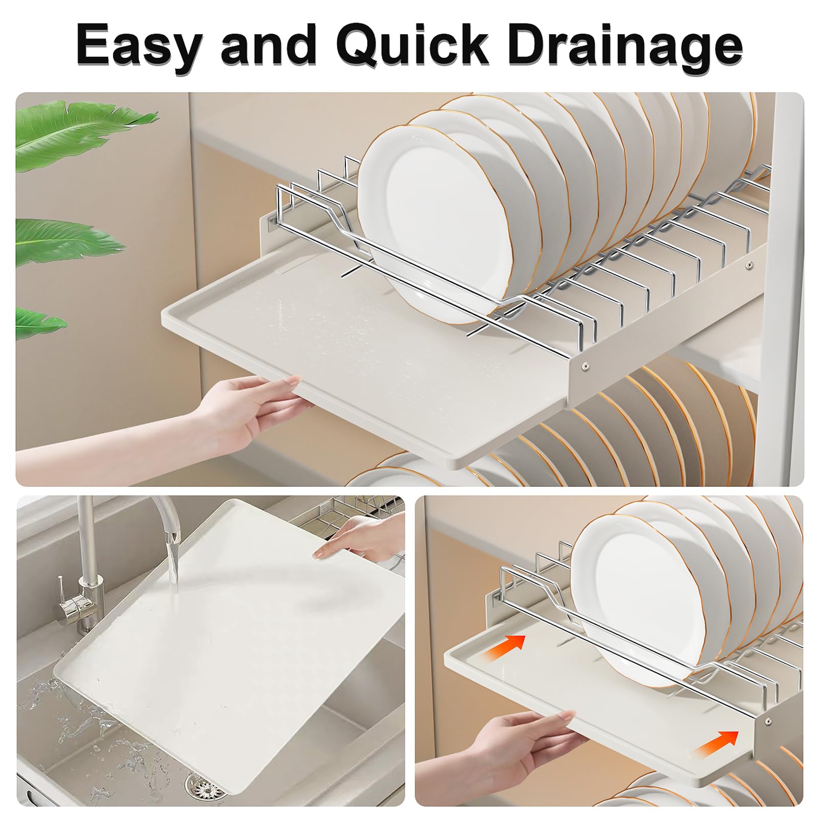 Tksrn Pull Out Cabinet Organizer Fixed With Adhesive Nano Film, Dish Drying Rack with Drainboard Set, Stainless Steel Dish Racks for Kitchen Counter, 11.8" W x16.6 D x 2.95" H