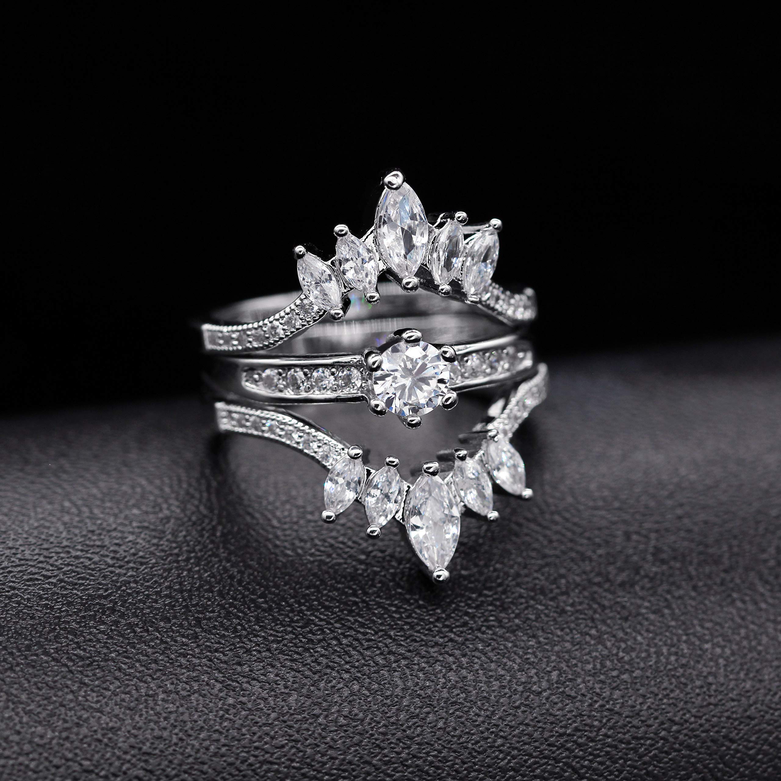 Uloveido White Gold Plated Marquise Cubic Zirconia Wedding Band Engagement Promise Rings Guard Enhancer for Women (Silver,Size 8) Y445