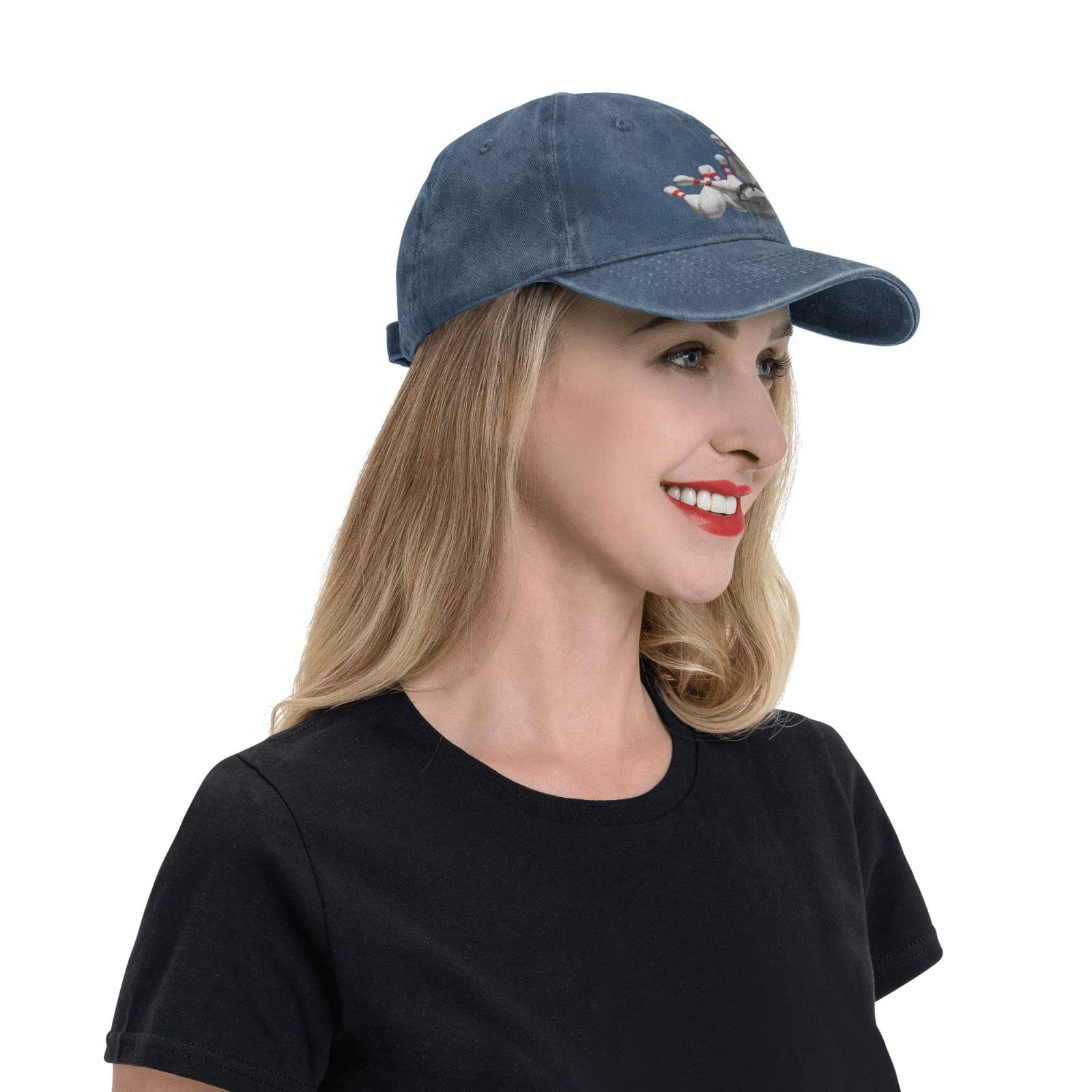 YOHTLENA Navy Bowling Prints Hats for Women Men Denim Cap Retro Sports Baseball Caps Washable