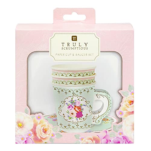 Talking Tables TS6-CUPSET Disposable Truly Scrumptious Party Vintage Floral Tea Cups and Saucer Sets, Mint Green