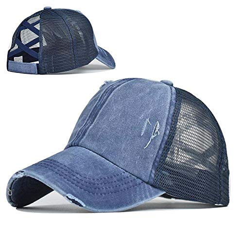 Top Hats for Women Baseball Caps with Mesh Back Trucker Hats Ponytail/High Messy Bun Ponycap Dad Hats (Navy Blue)