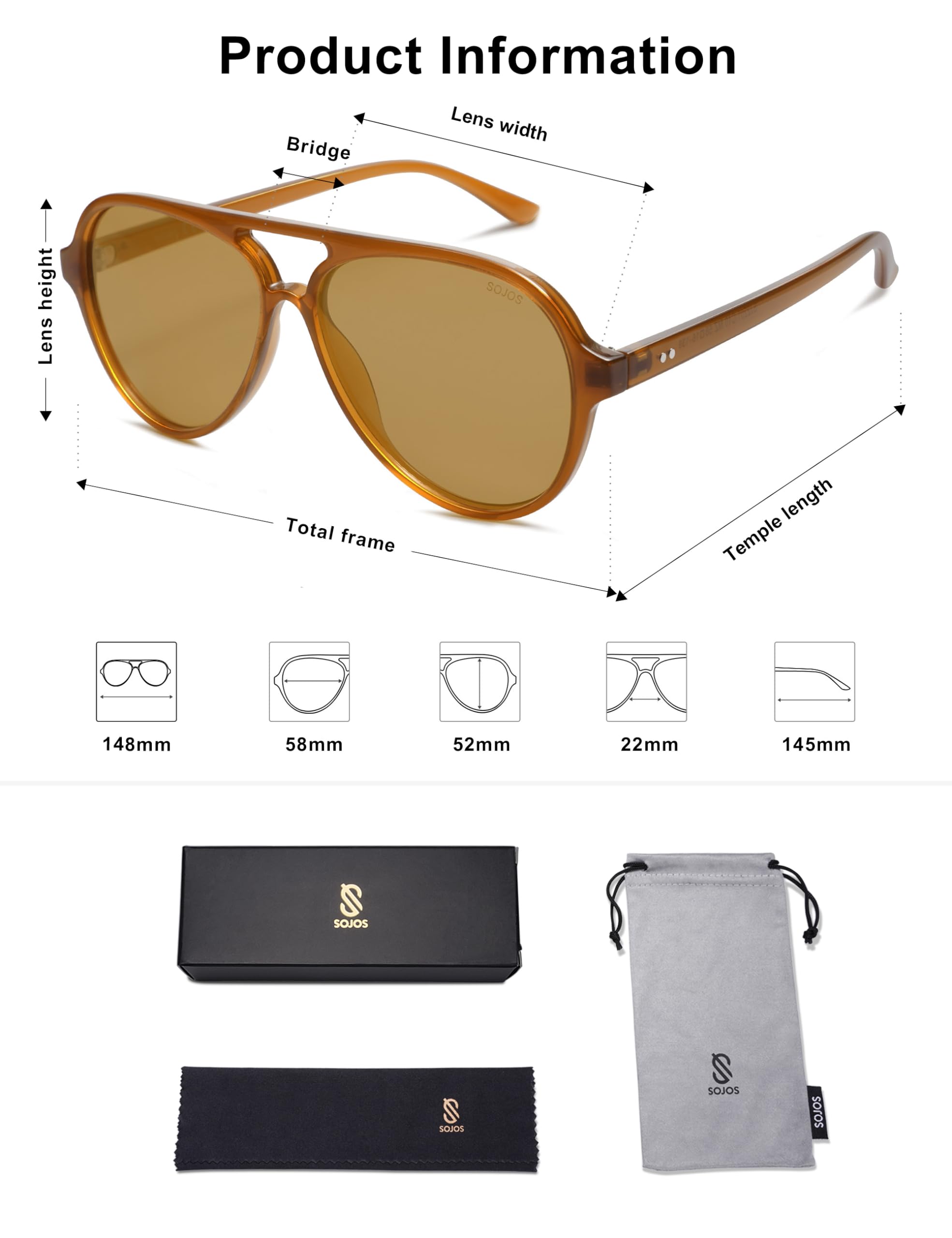 SOJOS Classic Polarized Aviator Sunglasses Womens Mens Retro Double Bridge Aviators SJ2201, Shiny Brown/Brown