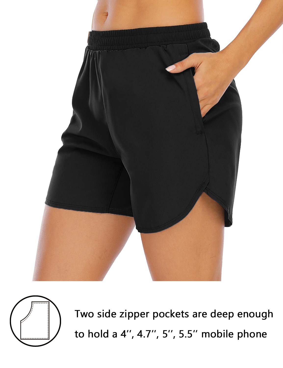 XIEERDUO Women's 5'' Athletic Running Shorts with Mesh Liner Zipper Pockets Gym Workout Training Quick Dry Black M