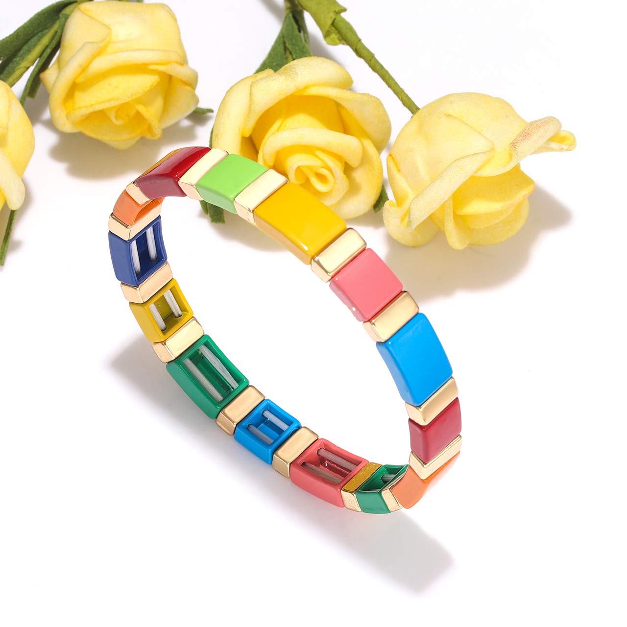 YAHPERN Enamel Tile Bracelet Set Multicolor Rainbow Tila Elastic Stretch Bracelets Bohemian Colorblocks Beaded Stackable Bangle Bracelet For Woman (Style: A)