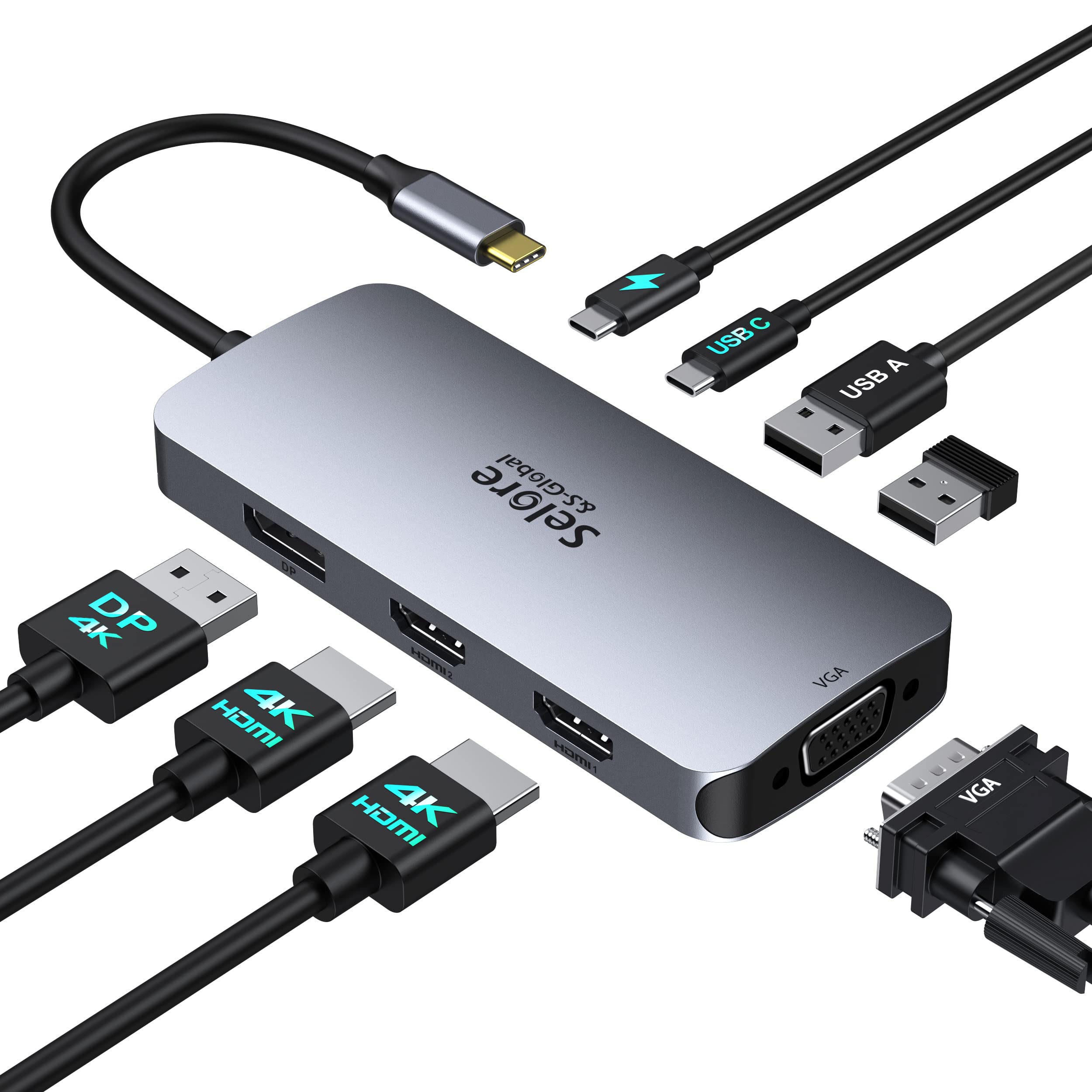 USB C Docking Station Dual HDMI Monitor Adapter, Selore USB C Hub 3 Monitors Adapter with Dual HDMI, Displayport, VGA, 100W PD Charging, 2USB A 2.0,USB C 2.0 Ports Adapter for Dell, Light Grey