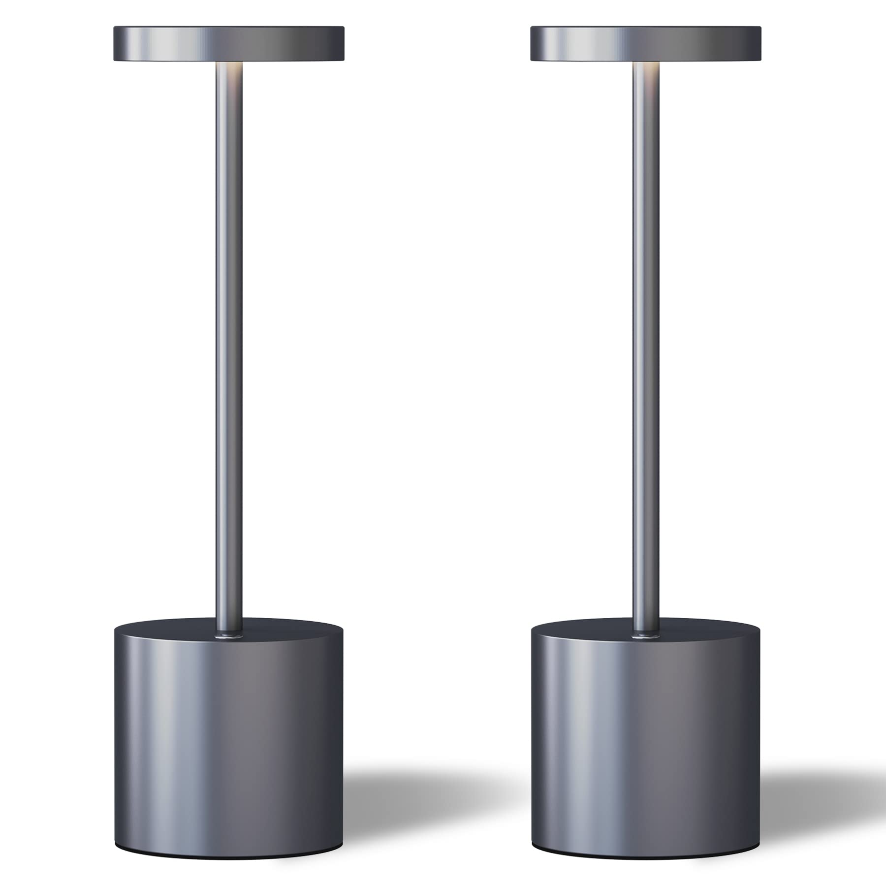 TBBGA LED Cordless Table Lamps Set of 2, Portable Rechargeable 5000mAh Battery Powered Lamp, 3 Color Stepless Dimmable Metal Table Light for Outdoor/Patio/Restaurant/Home. (Grey)