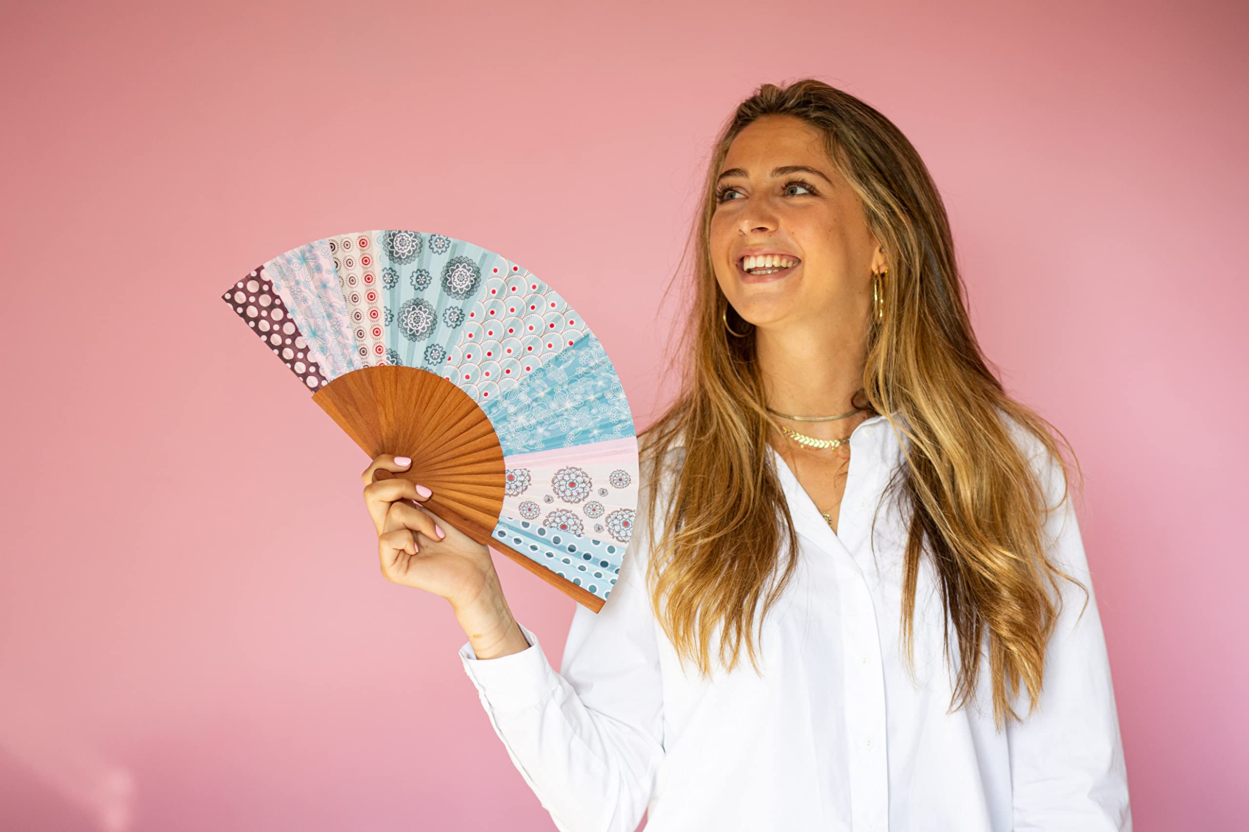 Tusitala Barcelona - Eastern Hand Fan | Handcrafted Spanish Hand Fan | Cotton Fabric and Wood | Includes Protective Jute Cotton Bag | Authentic Gift | 23cm - 9β.