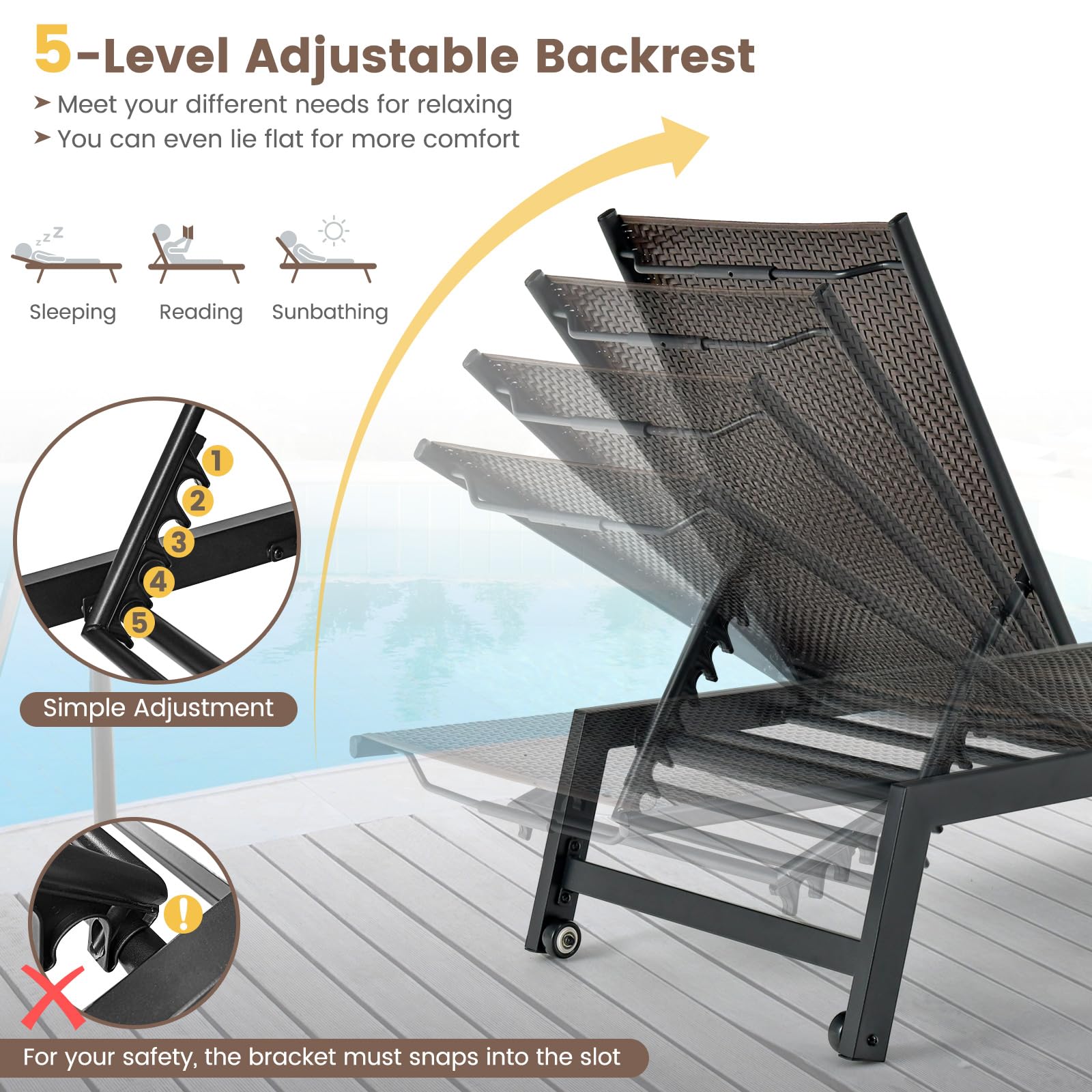 Tangkula Patio PE Rattan Chaise Lounge, Outdoor Recliner w/ 5-Level Backrest, Heavy-Duty Galvanized Steel Frame, Convenient Wheels, Patio Reclining Chair for Backyard, Poolside (2)