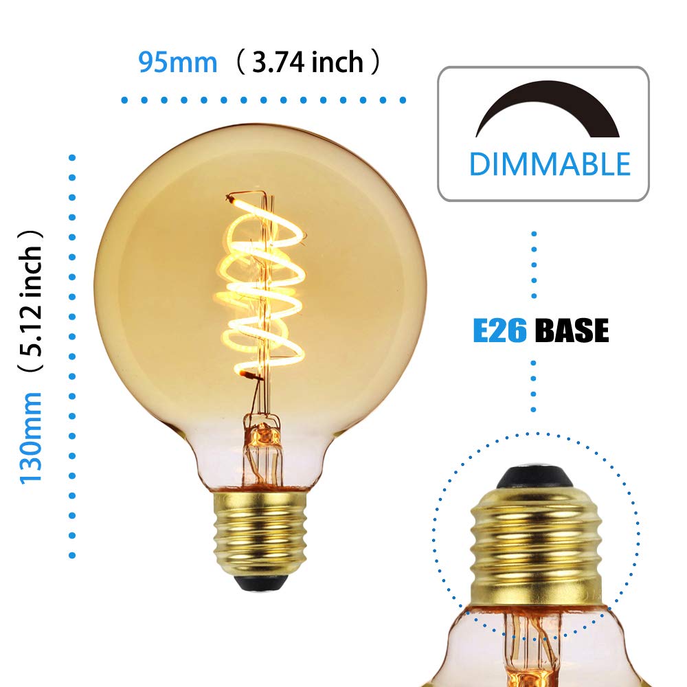 Tuneucle 1-Pack Edison Bulbs Led Dimmable 4W 110V Antique Style Edison Light Bulbs,2000K Warm White (Amber Gold Glass), LED Vintage Light Bulb Fixtures,G95, E26 E27 Base (G95Helical - 1 Pack - Golden)