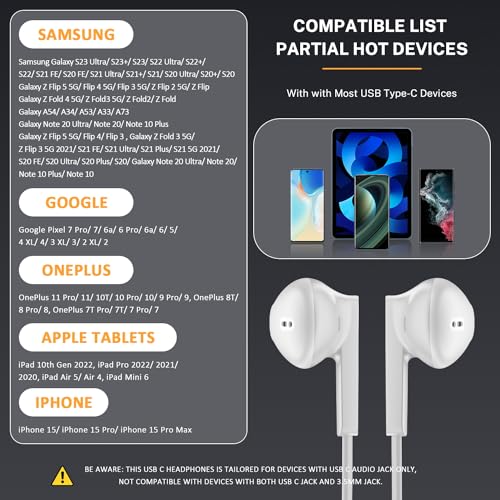 USB C Headphones, Type C Earbuds for iPhone 15/15 Pro/ 15 Pro Max Samsung S24 Headphones with Microphone Noise Isolation Stereo Wired Earphones for Samsung Galaxy S22 S23 Ultra Pixel 7a 8 Android