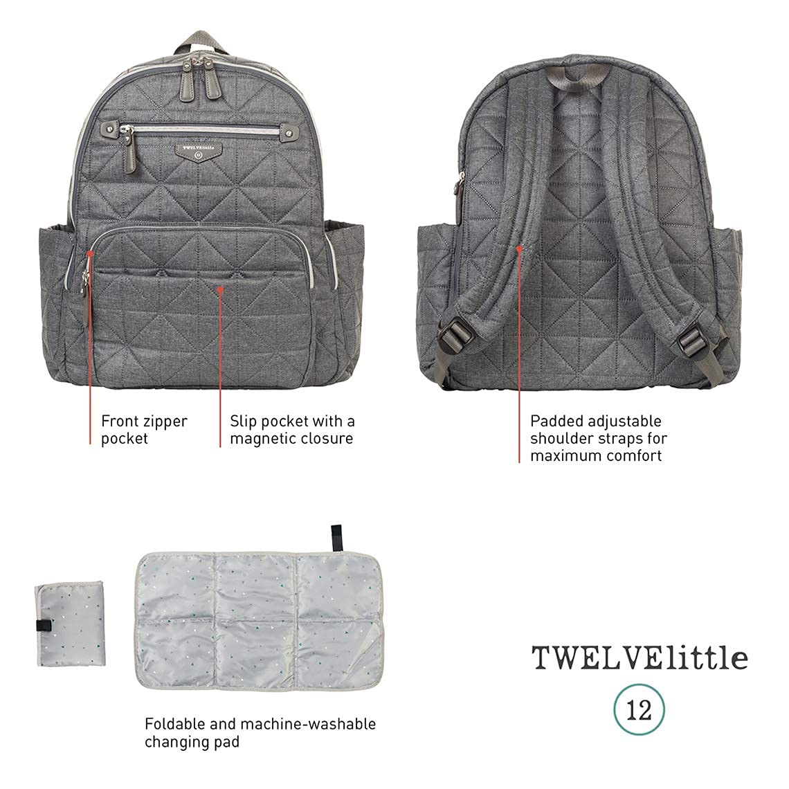 TWELVElittle Companion DiaperBag Backpack (Grey Nylon) 2.0 - Includes Changing Pad. Insulated pockets. Fashionable Diaperbag Backpack