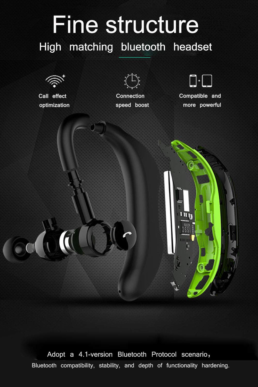 SLUB True Wireless Bluetooth Single Earbud with Microphone 17-18 Hours Playtime Noise Cancelling Waterproof Ear-Hook Sport Headset for Cell Phone(Green)