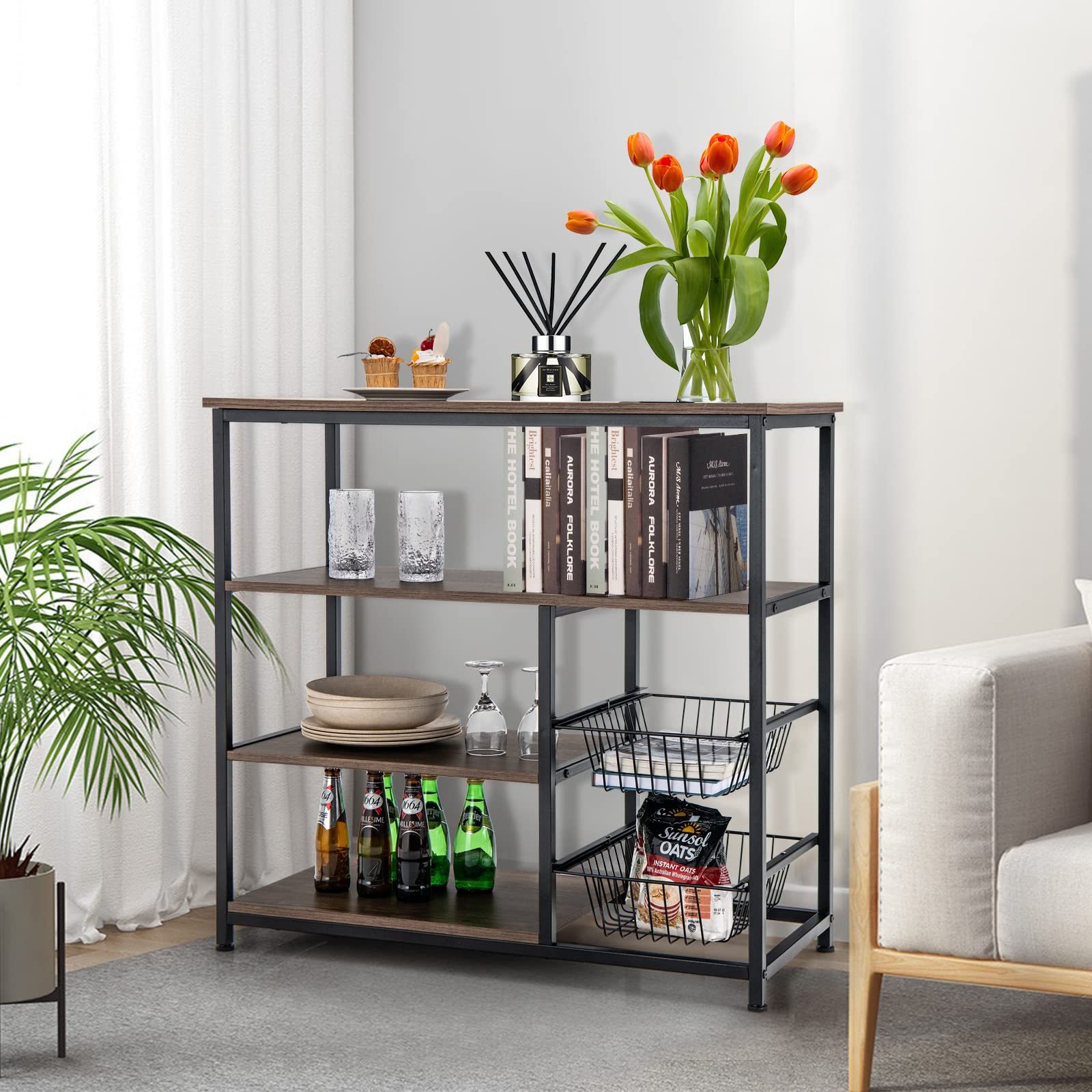 Tangkula 4-Tier Kitchen Baker's Rack, Industrial Microwave Oven Stand with Sliding Wire Basket, Water-Proof Surface, Utility Storage Shelf Organizer, Coffee Bar Cart for Living Room, Pantry