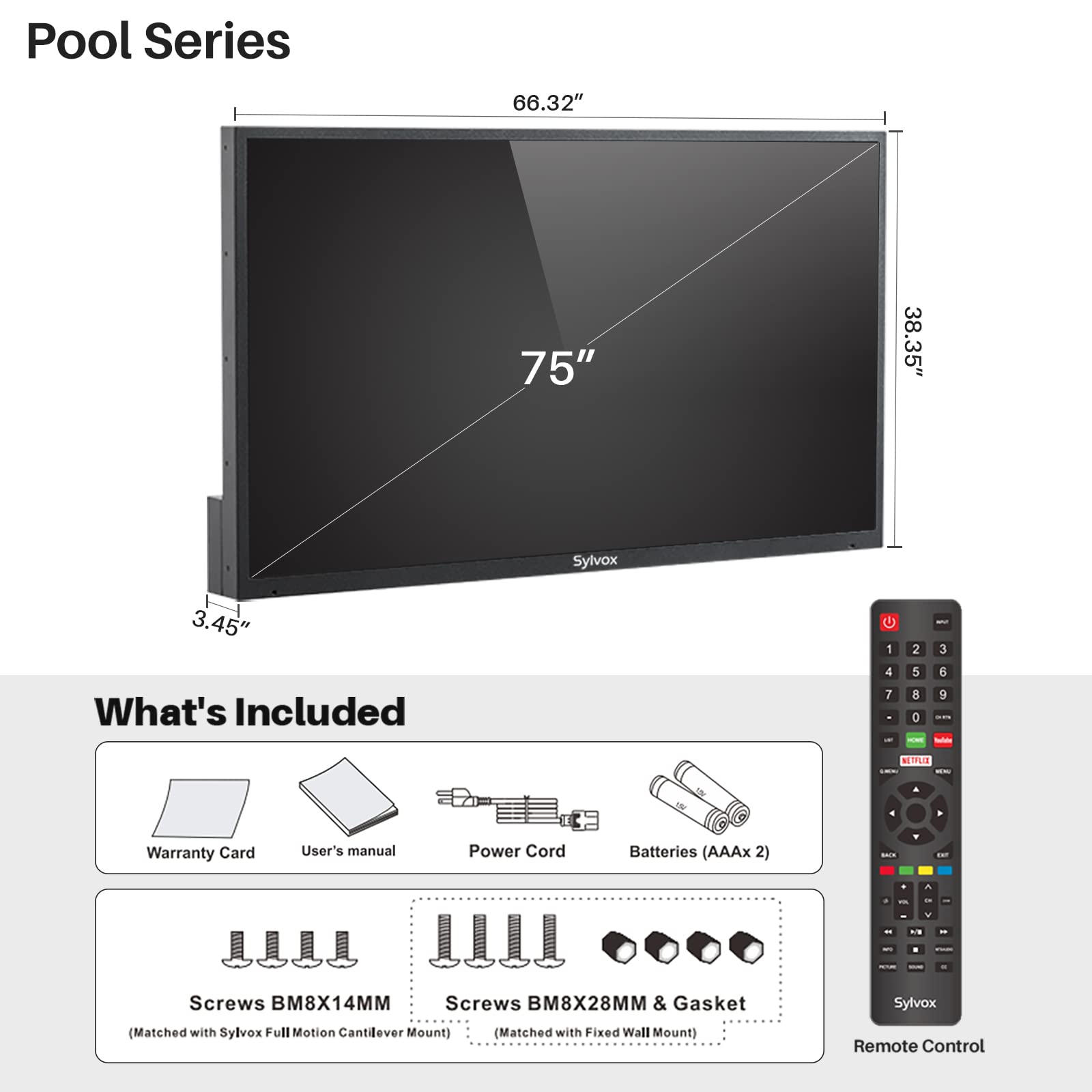 SYLVOX 75 inch Outdoor TV, 2000 nits Full Sun LED Outdoor TV, 4K UHD Smart Television IP55 Waterproof, High Brightness, ATSC & NTSC Tuner, Support Bluetooth & 2.4G WiFi, for Outside & Backyard