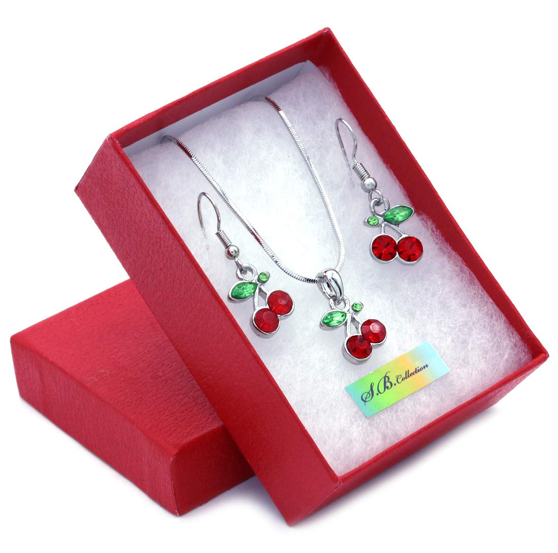 Soulbreezecollection Cherry Necklace Fruit Pendant Charm Dangle Drop Earrings Red Green Rhinestone Fashion Jewelry Set