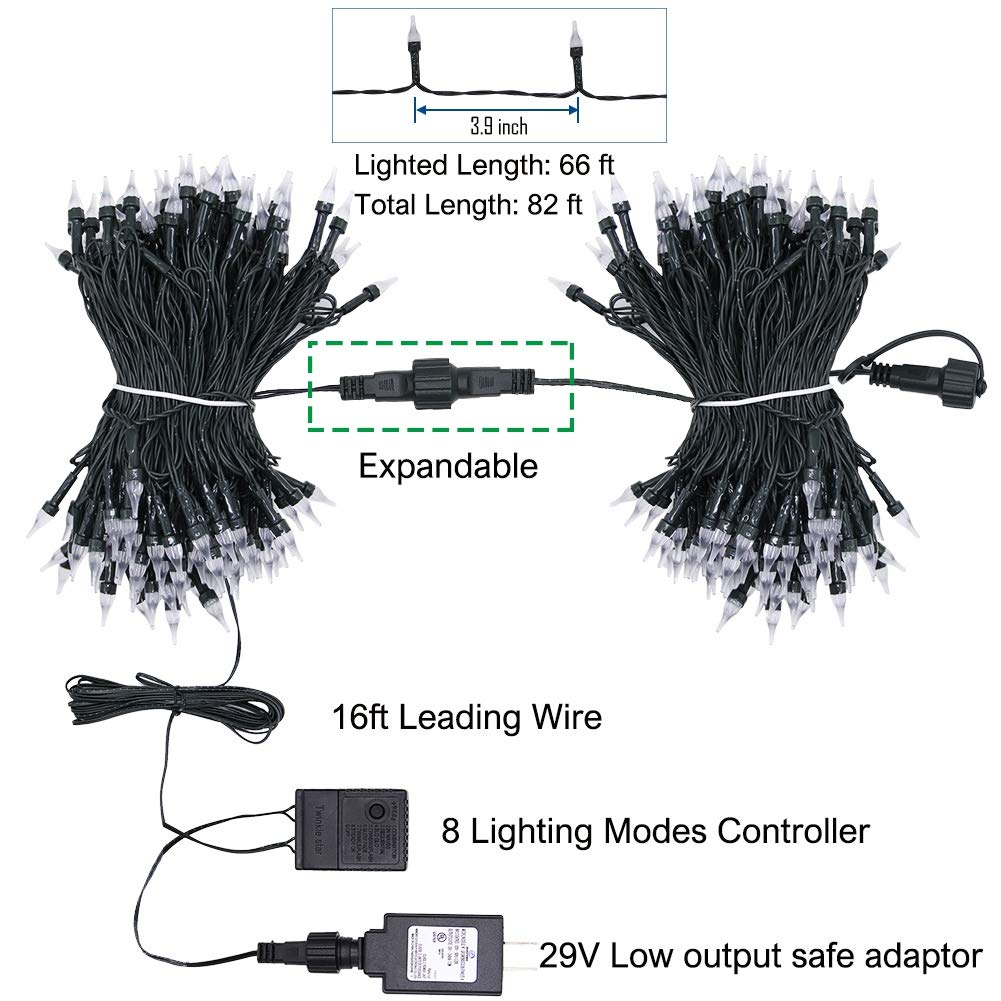 Twinkle Star Outdoor String Lights Christmas Lights 200 LED 66ft Mini Green Wire Fairy Lights with 8 Lighting Modes, Christmas Tree Garden Wreath Party Wedding Indoor Decorations, Warm White
