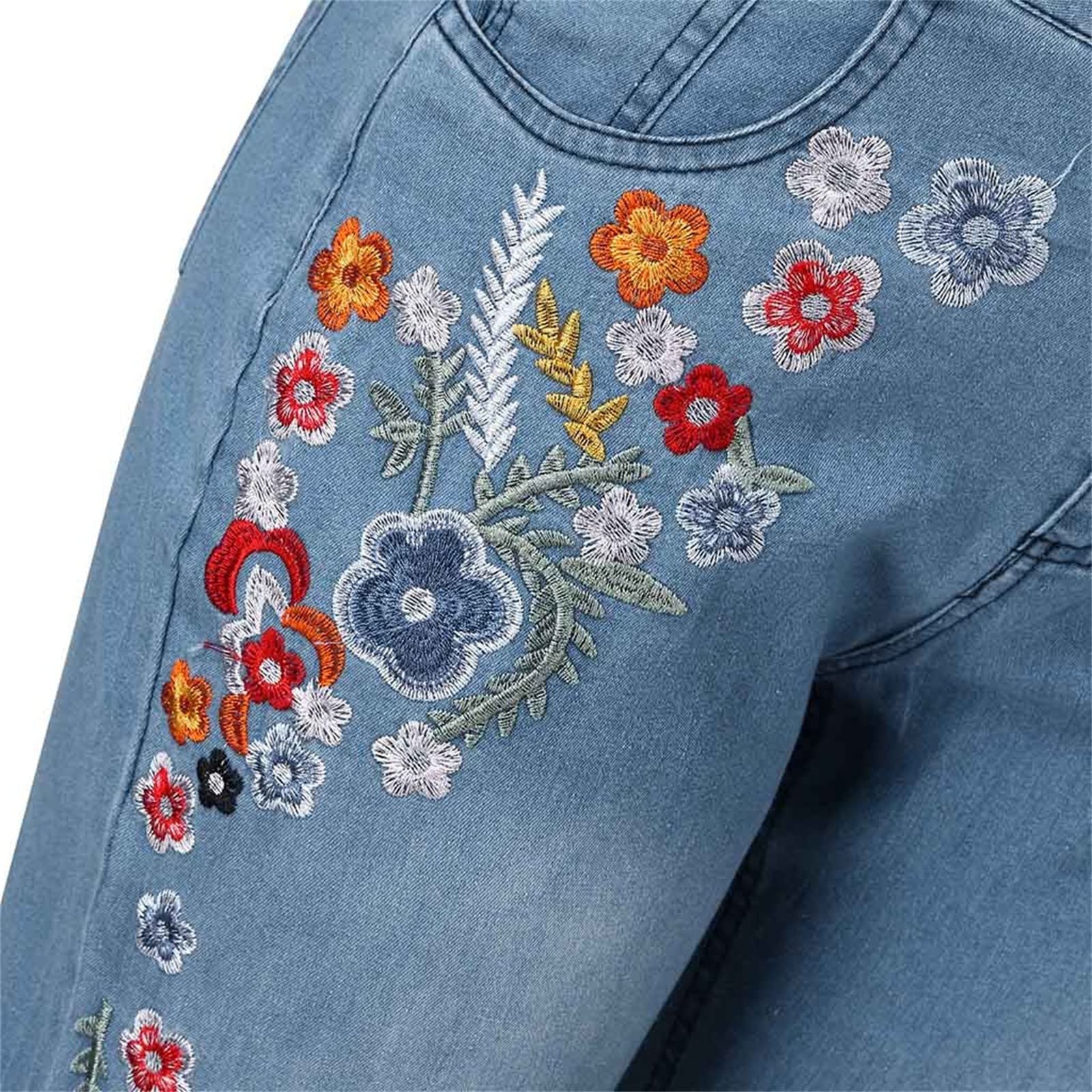 Women's Embroidery Destoryed Flare Jeans Button Waist Bell Bottom Summer Casual Trouser Comfortable Denim Pants(Light Blue,XX-Large)