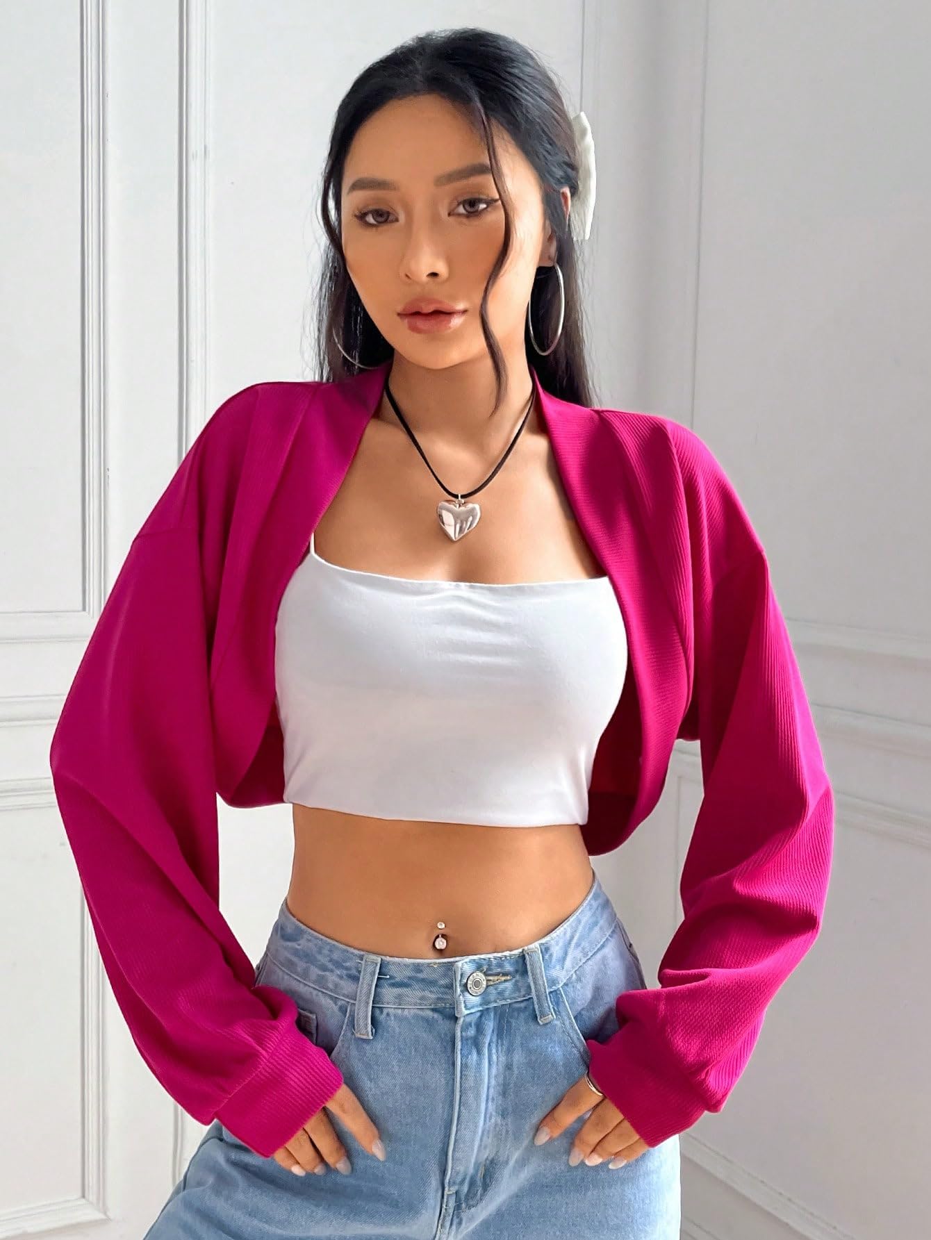 SweatyRocks Women's Casual Long Sleeve Ribbed Knit Top Open Front Cropped Cardigan Sweater Hot Pink M