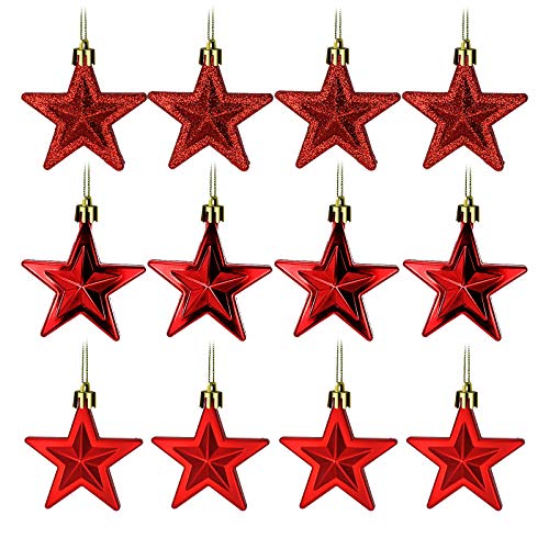 Whiidoom 12PCS Christmas Star Ornaments 2.76" Shatterproof Hanging Christmas Decoration for Holiday Wedding Party (Red)