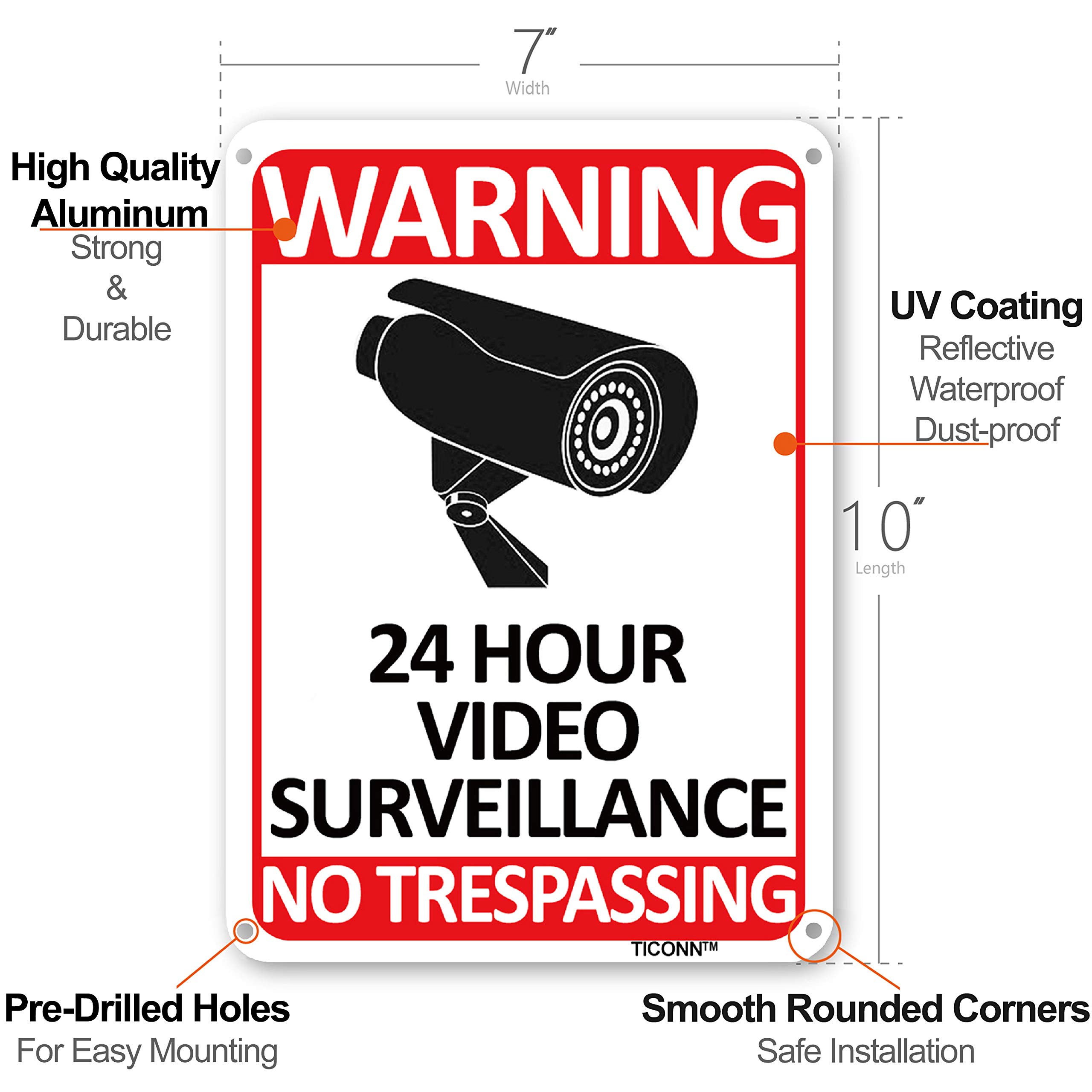 TICONN 4-Pack 24 Hour Video Surveillance Sign, No Trespassing Aluminum Warning Sign, 10ββx7ββ for CCTV Security Camera - Reflective, UV Protected