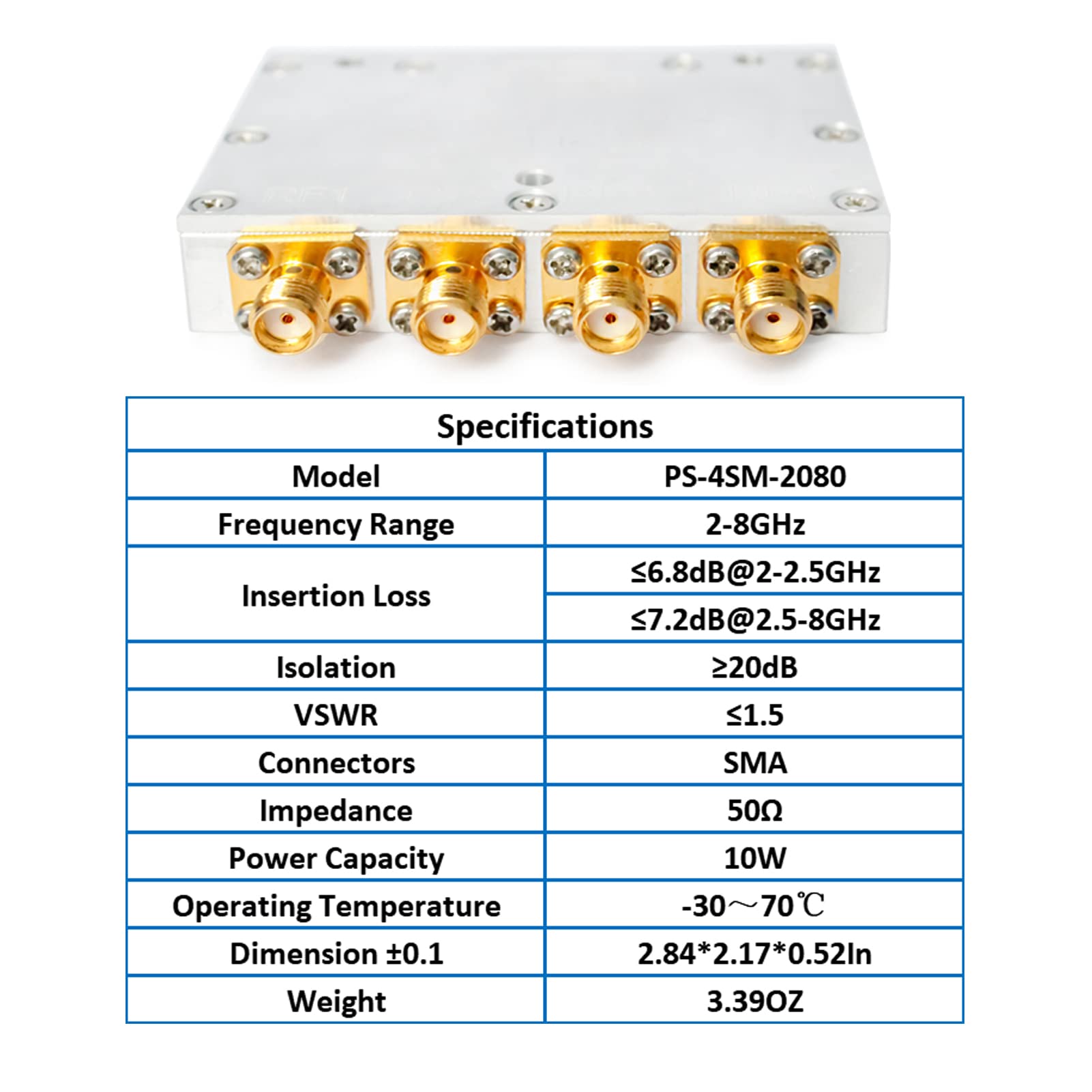 TOJOIN Passive Power Splitter 4 way for SMA Connectors, Coaxial Cable Splitter 2-8GHZ for RF/Microwave Measurements Accessories Splitter Coaxial, Antenna System Corrosion Resistant (PS-4SM-2080)