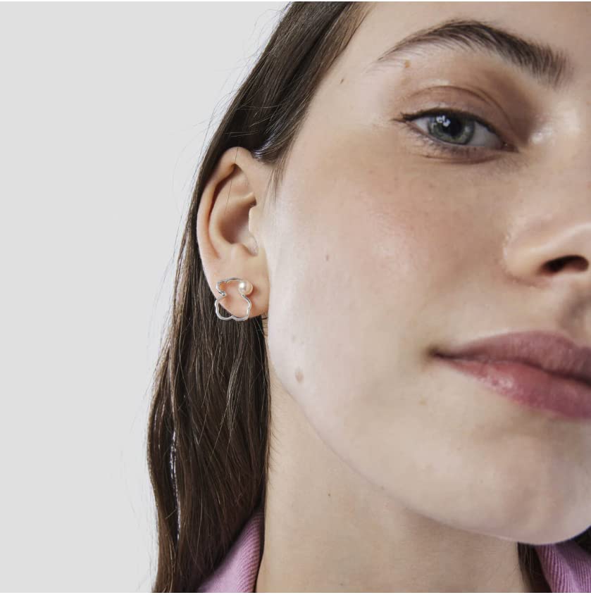 TOUS Sterling Silver Earrings for Women with Pearl & Bear Motif, Size: 1.4 cm, Silueta Collection