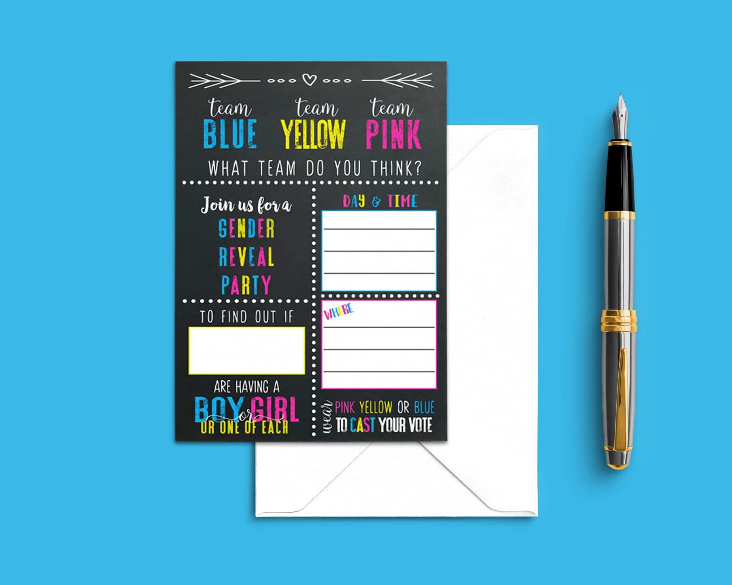 Twins Gender Reveal Invitations with Envelopes (25 Pack) Blank Invites for Reveal Party Surprise - Team Pink or Blue Theme Boy, Girl, or Both - Blank Card Set 5x7