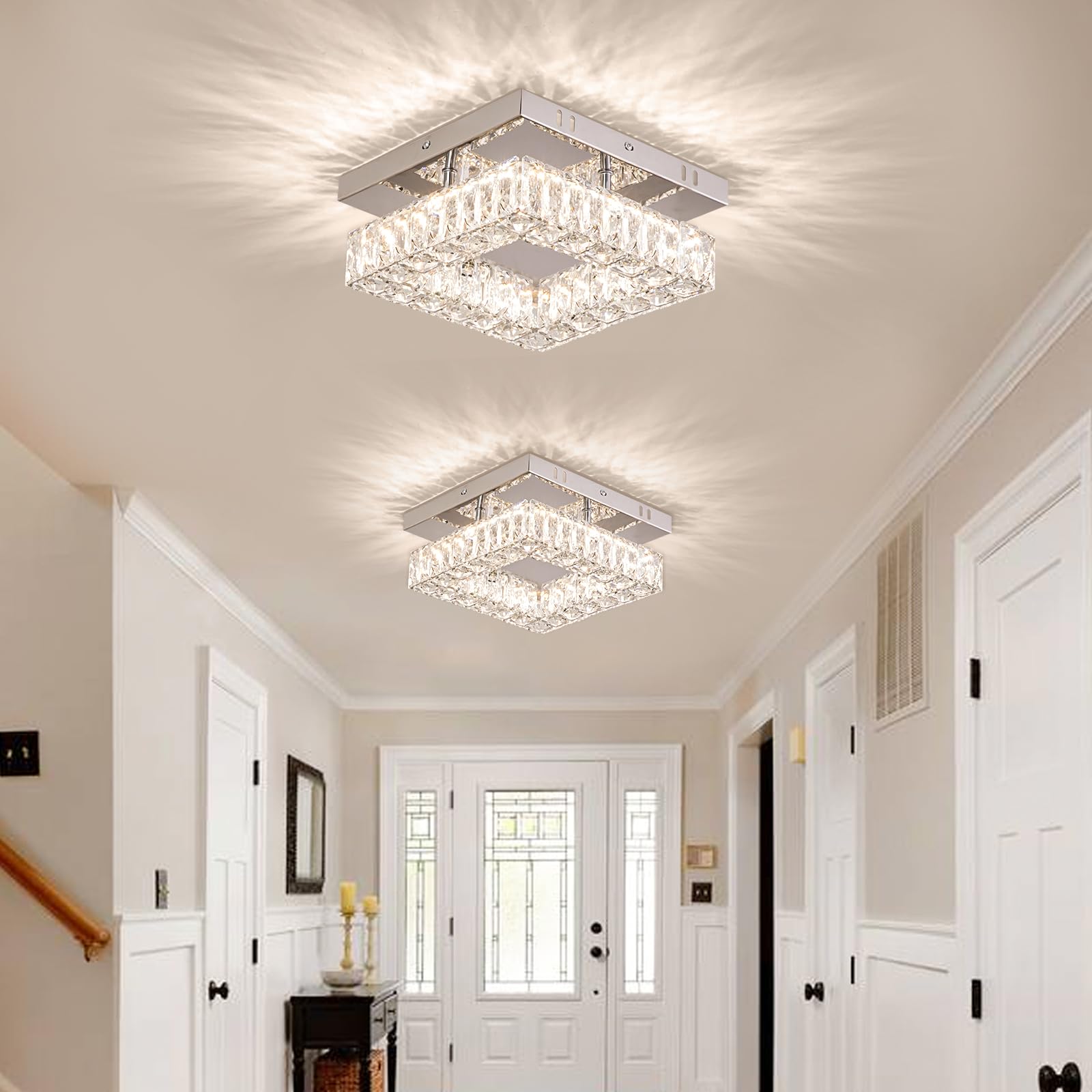 YPQXYHDA 9.8" Modern Crystal Ceiling Light Fixture Mini Square Chandelier Flush Mount Light Fixture Ceiling Lamp for Small Hallway Foyer Entryway Bedroom,3 Colors Adjustable