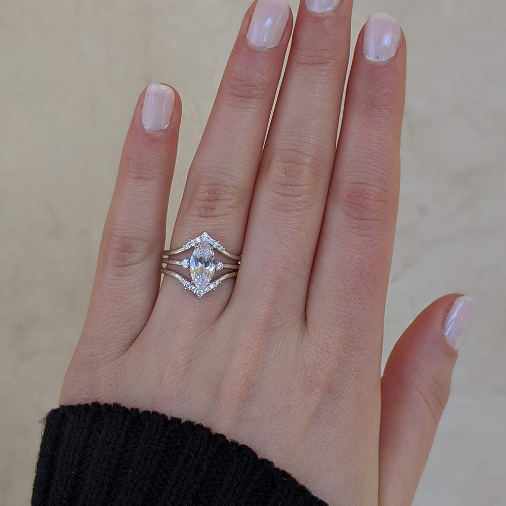 TwoBirch 925 Silver Marquise Three Ring Bridal Set with Three Stone Marquise Engagement Ring and Two Matching Chevron Contour Bands (925 Silver, Size 8)