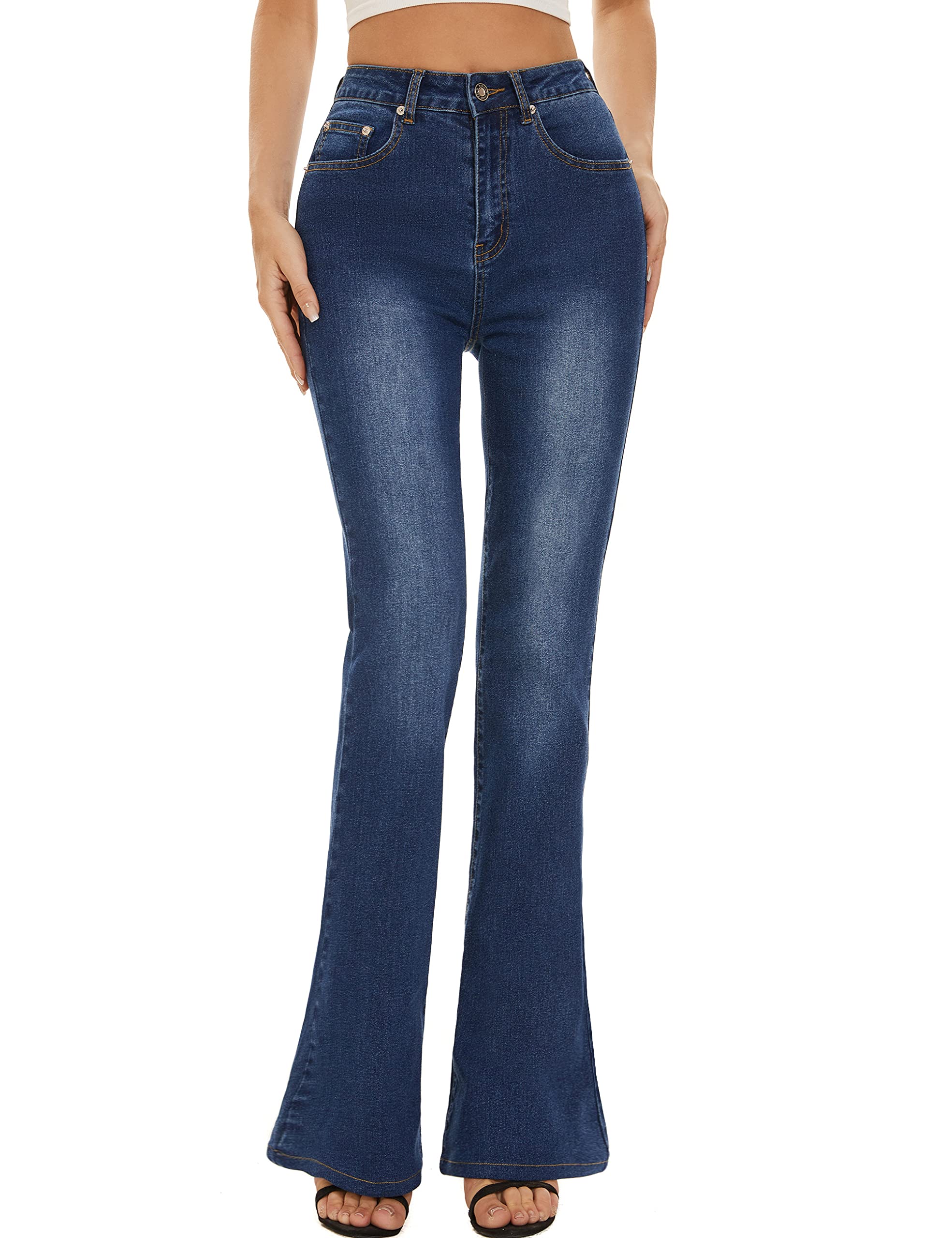 Women's Stretch Flared Jeans Classic High Waisted Bell Bottom Jeans Denim Blue Bootcut Slimming Casual Denim Pants(Blue,6)