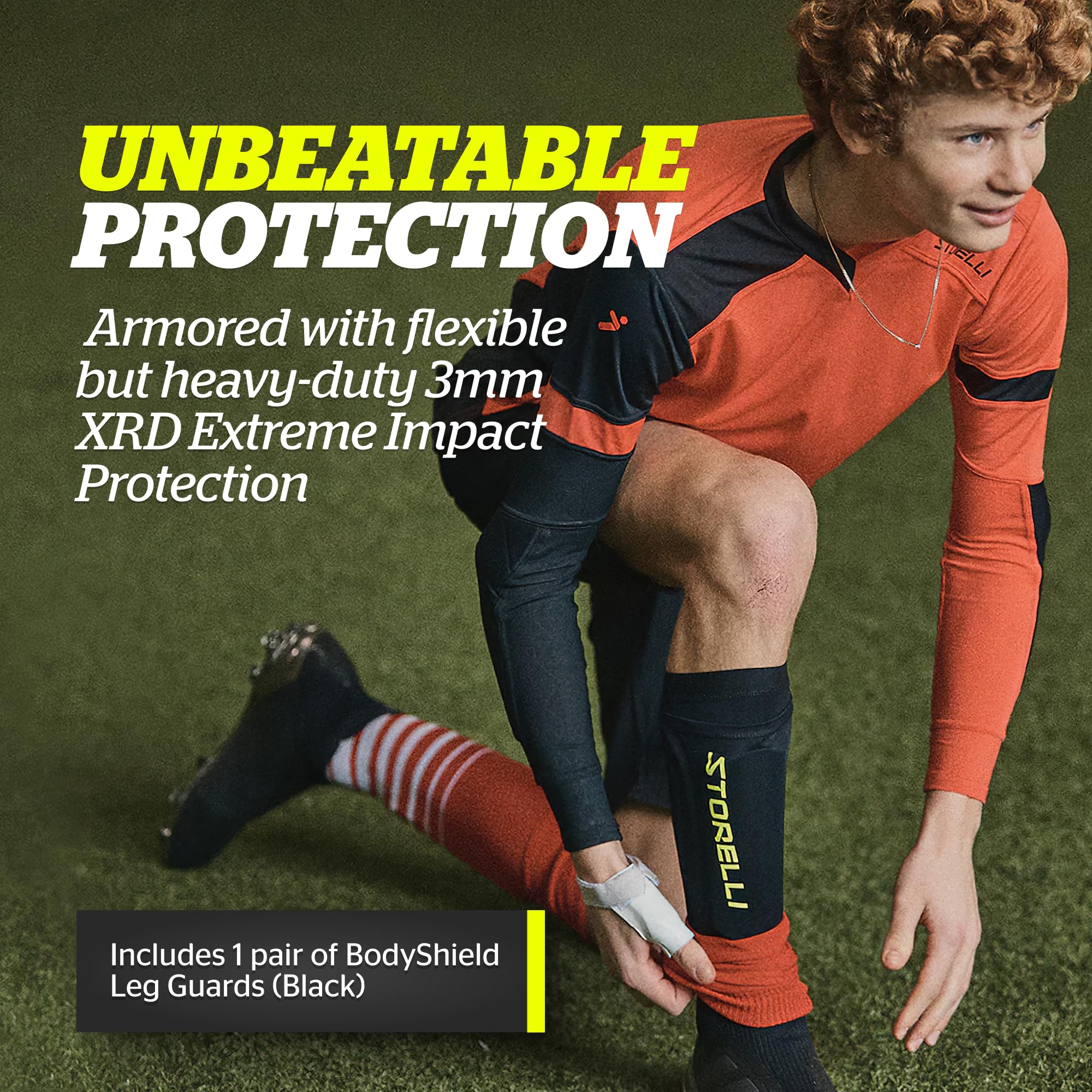 Storelli BodyShield Leg Guards, Premium Compression Shin Guard Sleeves for Soccer Players, Impact Protection, UV-Resistant, Sweat-Wicking, Unisex, 1 Pair, Black, Youth Medium