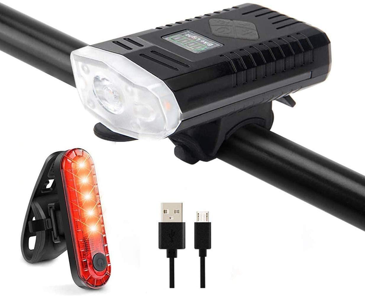 USB Rechargeable Bike Light and Tail Light Set with Alarm Horn, Super Bright Waterproof Bicycle Headlight Taillight Combinations Front Back Light & Bell for Cycling Riding Safety Warning