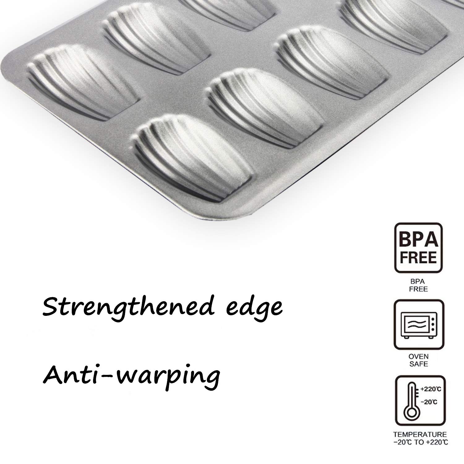 TAOUNOA Madeleine Pans, 12-Well Nonstick Baking Pans Set of 2, Heavy Duty Shell Shaped Mini Cookies Cake Mold Pan