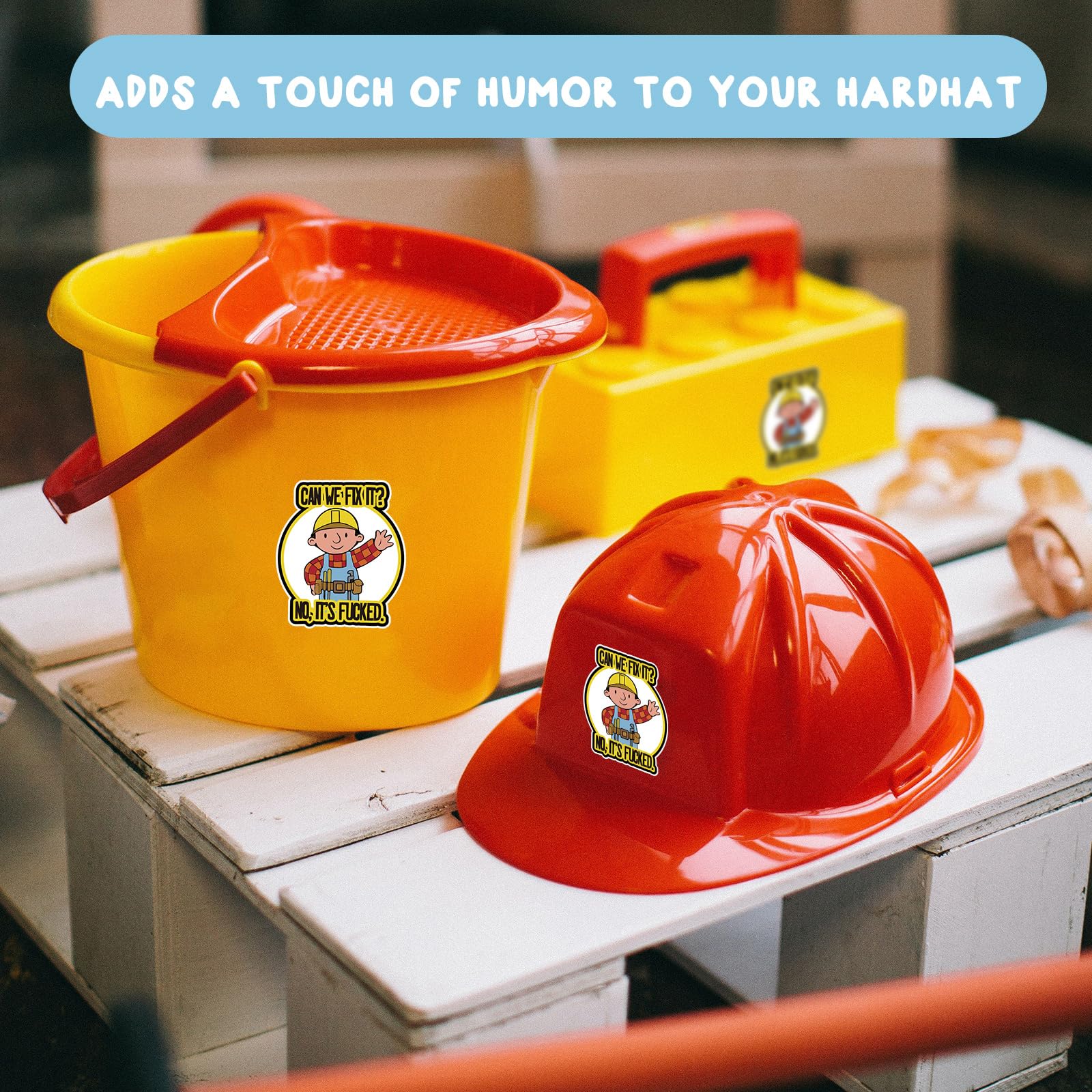 XMJY 5 Pack Funny Hardhat Stickers - Can We Fix It? No, It's Fucked, Cute Cartoon Hard Hat Stickers for Builder, Waterproof Vinyl Stickers for Tool Box, Helmet (2 inch)