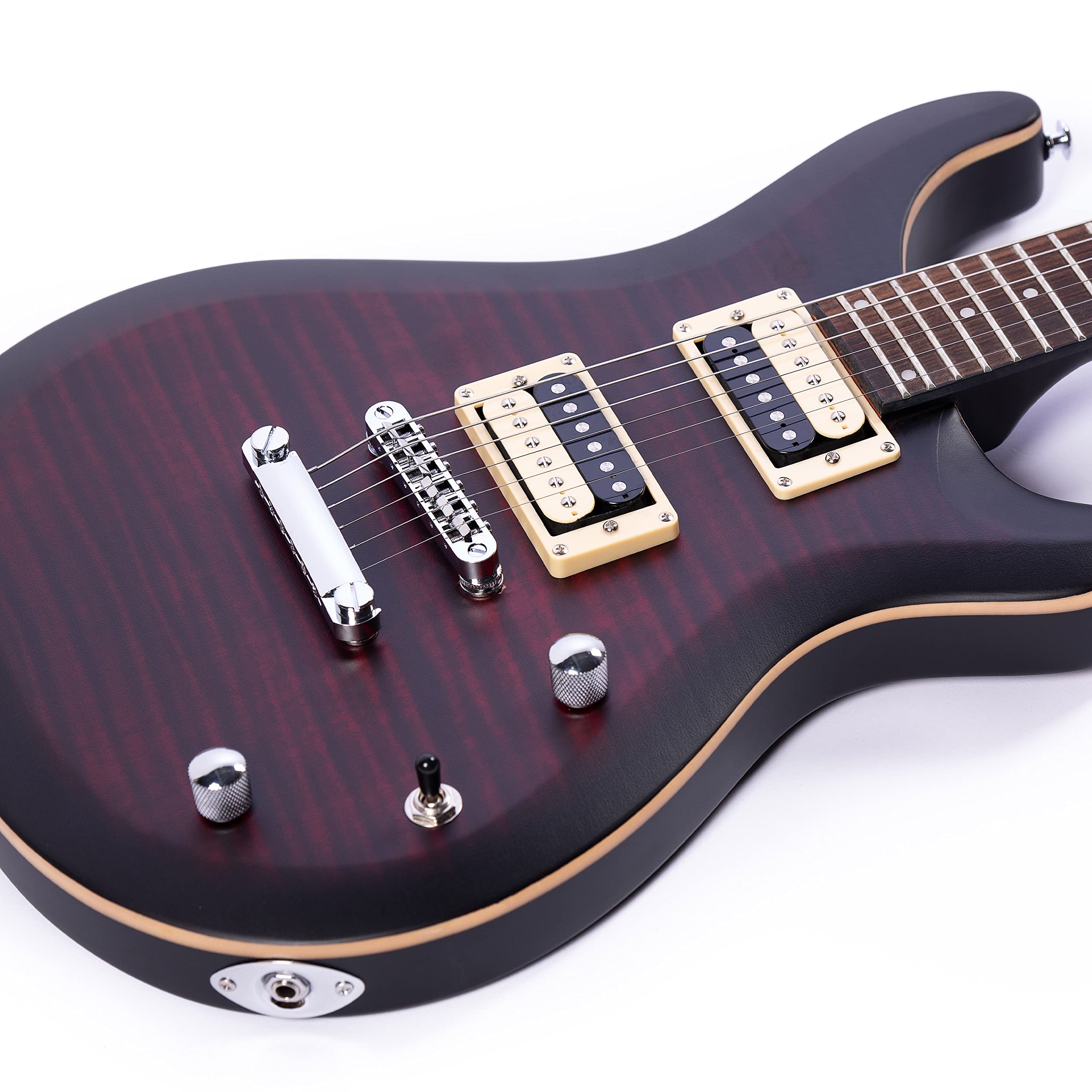 Volgoa VRS1983 Solid Body 6-String Electric Guitar with Printed Maple Veneer, Humbucker Pickups, Mahogany Body, and Maple Neck (Red Burst)