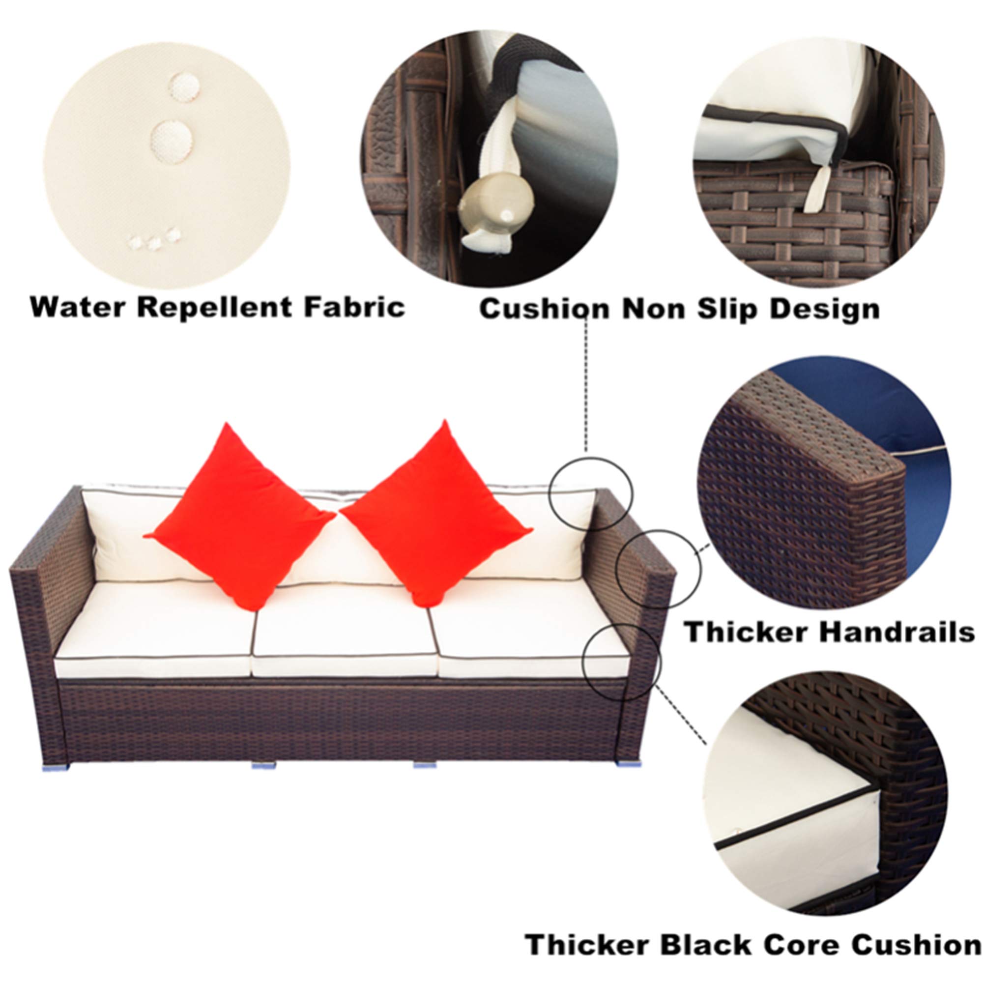 Patio Furniture Sectional Sets 3 Pieces - Outdoor Sectional Sofa Wicker Rattan Lawn Conversation Set Cushioned Garden Sofa with Glass Table (Beige)