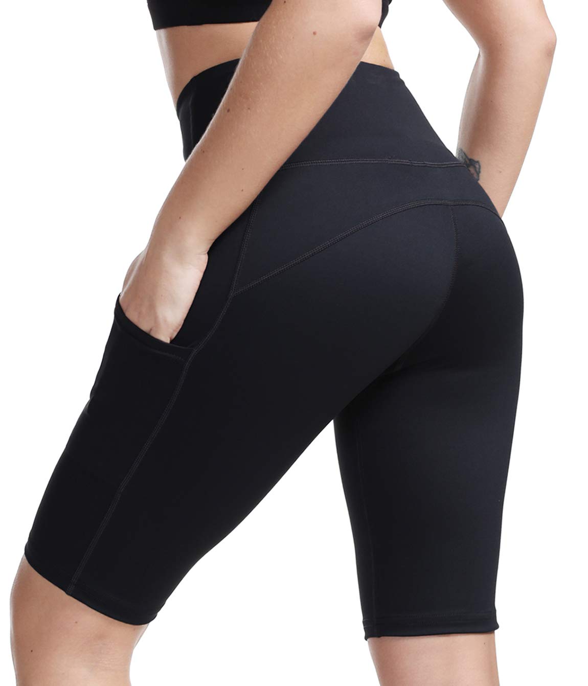 TYUIO High Waist Workout Yoga Shorts Women Running Biker Shorts with Pockets Black L