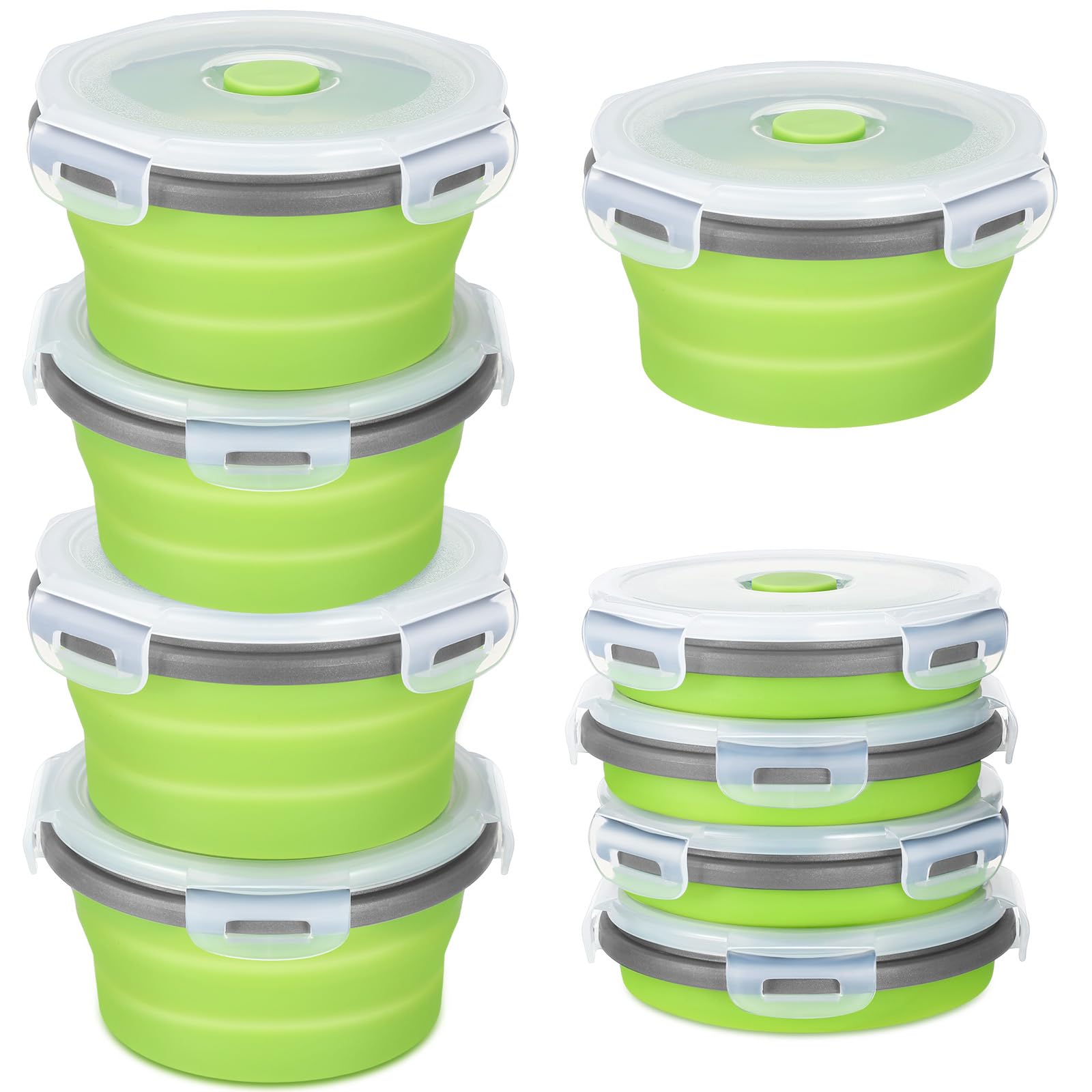 Tanlade 12 Pack Collapsible Bowls with Lids 17oz Collapsible Food Storage Containers Round Lunch Containers Silicone Collapsible Bowls for Camping RV Kitchen Microwave Dishwasher (Gray, Green)