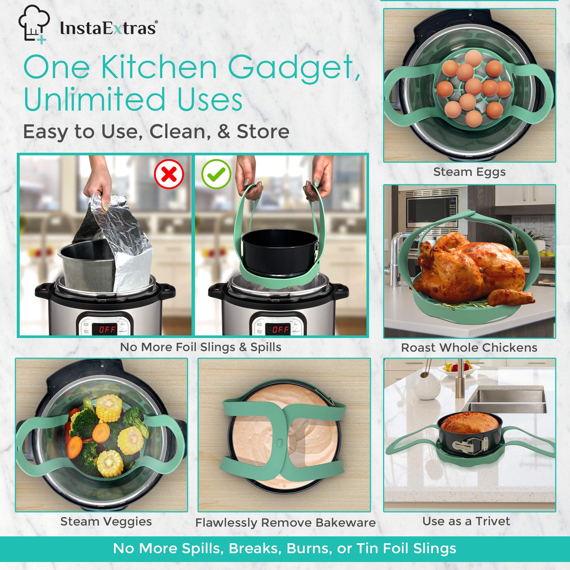 Silicone Bakeware Sling Compatible With Instant Pot, Ninja Foodi Pressure Cookers - Reusable Silicon Trivet Rack Lifter With Handles Holds Pot, Pan Accessories - Fits 5-Quart 6-Qt 8-Qt