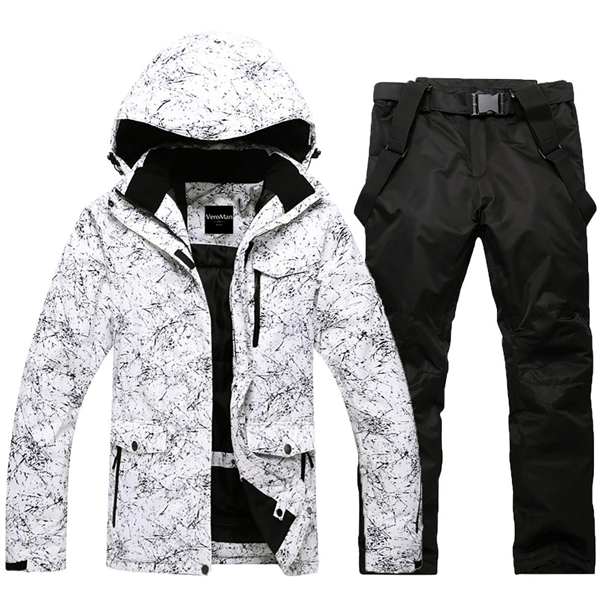 VEROMAN Snowboard Ski Jacket and Pants High Waterproof Windproof Breathable Unisex (White X Black, XL)