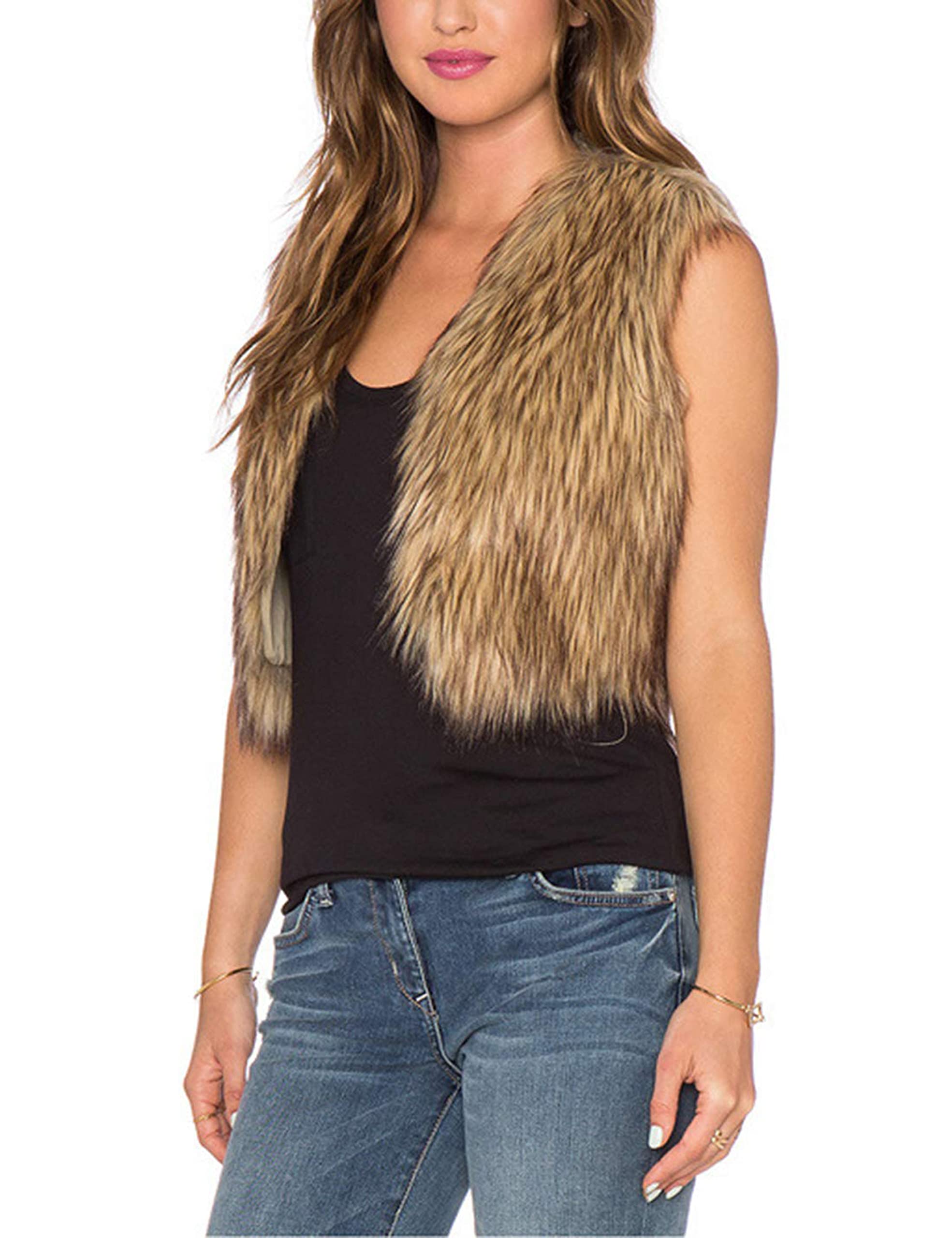 Tanming Women's Sleeveless Open Front Fluffy Short Faux Fur Vests Waistcoats (Grey-XS)