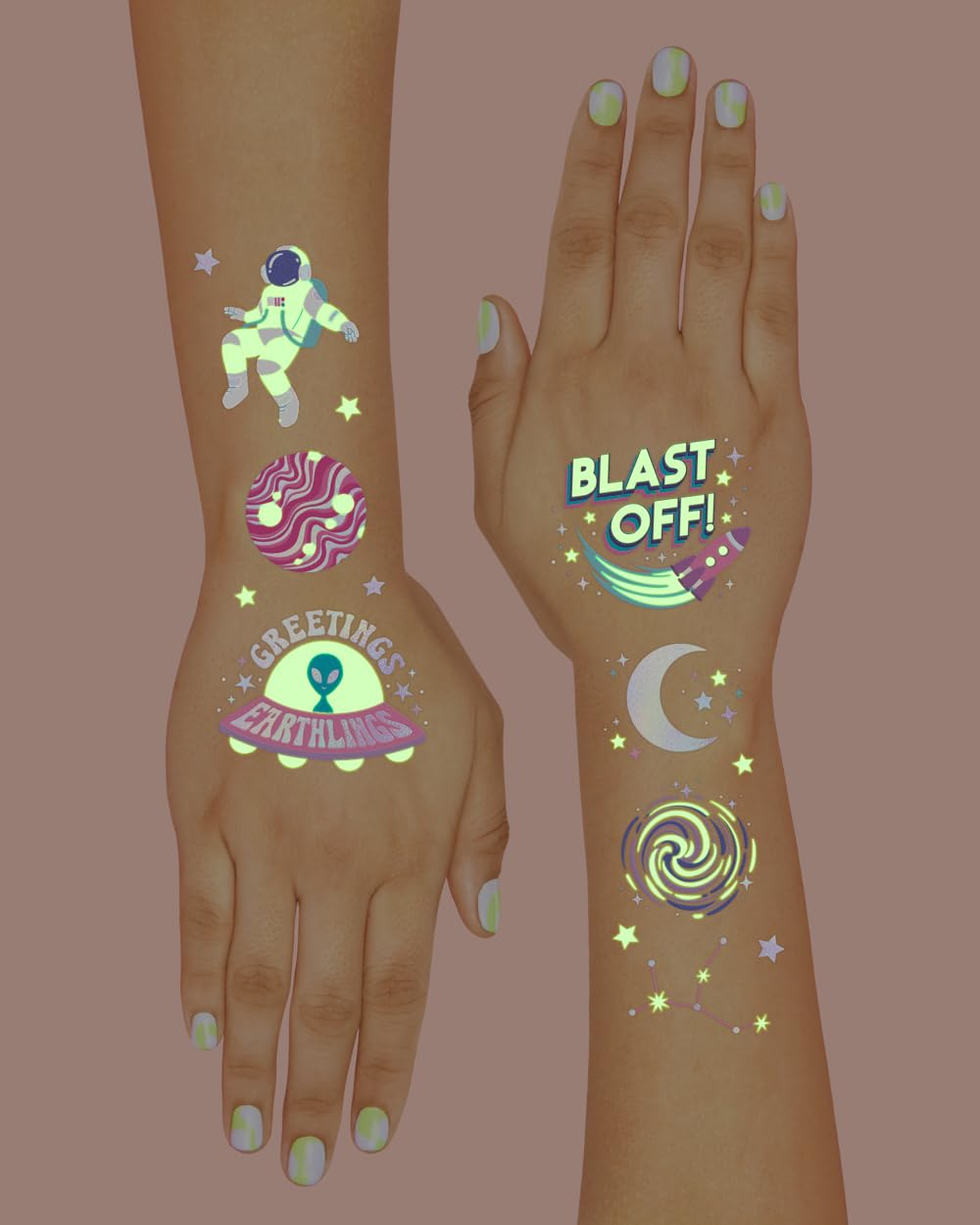 xo, Fetti Space + Planets Glow in Dark Temporary Tattoos for Kids - 50 pcs | Alien Birthday Party Supplies, Astronaut Favors + Rocket ship Decorations