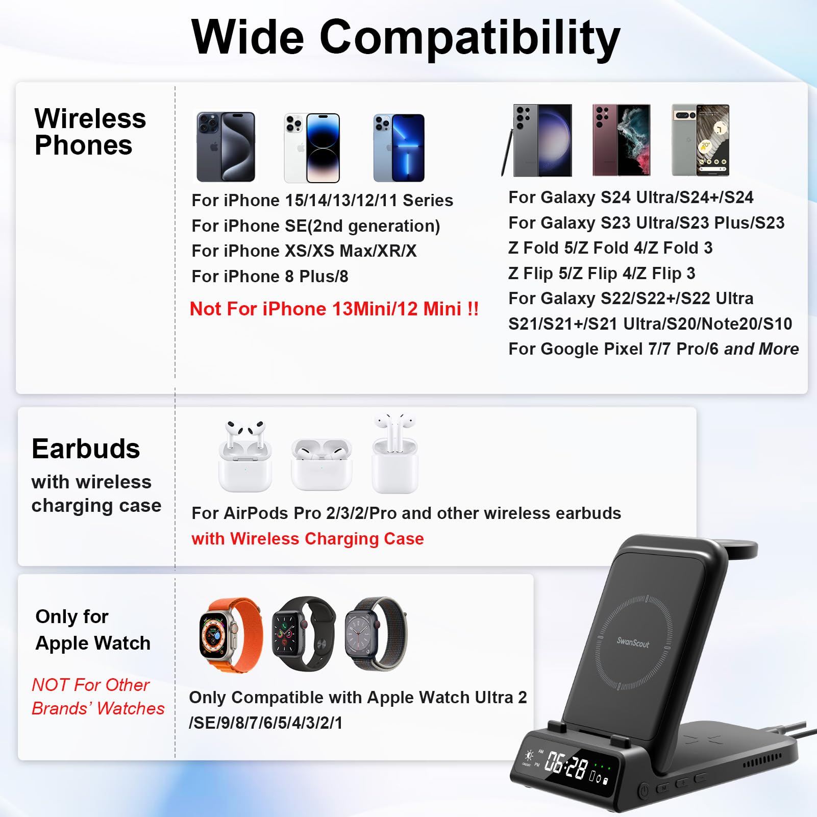 SwanScout Wireless Charging Station for iPhone, SwanScout 703A, Wireless Charger for iPhone 15/14/13/12/11 Series, for Apple Watch Ultra 2/9/8/7/6/5/SE, for Airpods Pro 2, Travel Foldable and Portable
