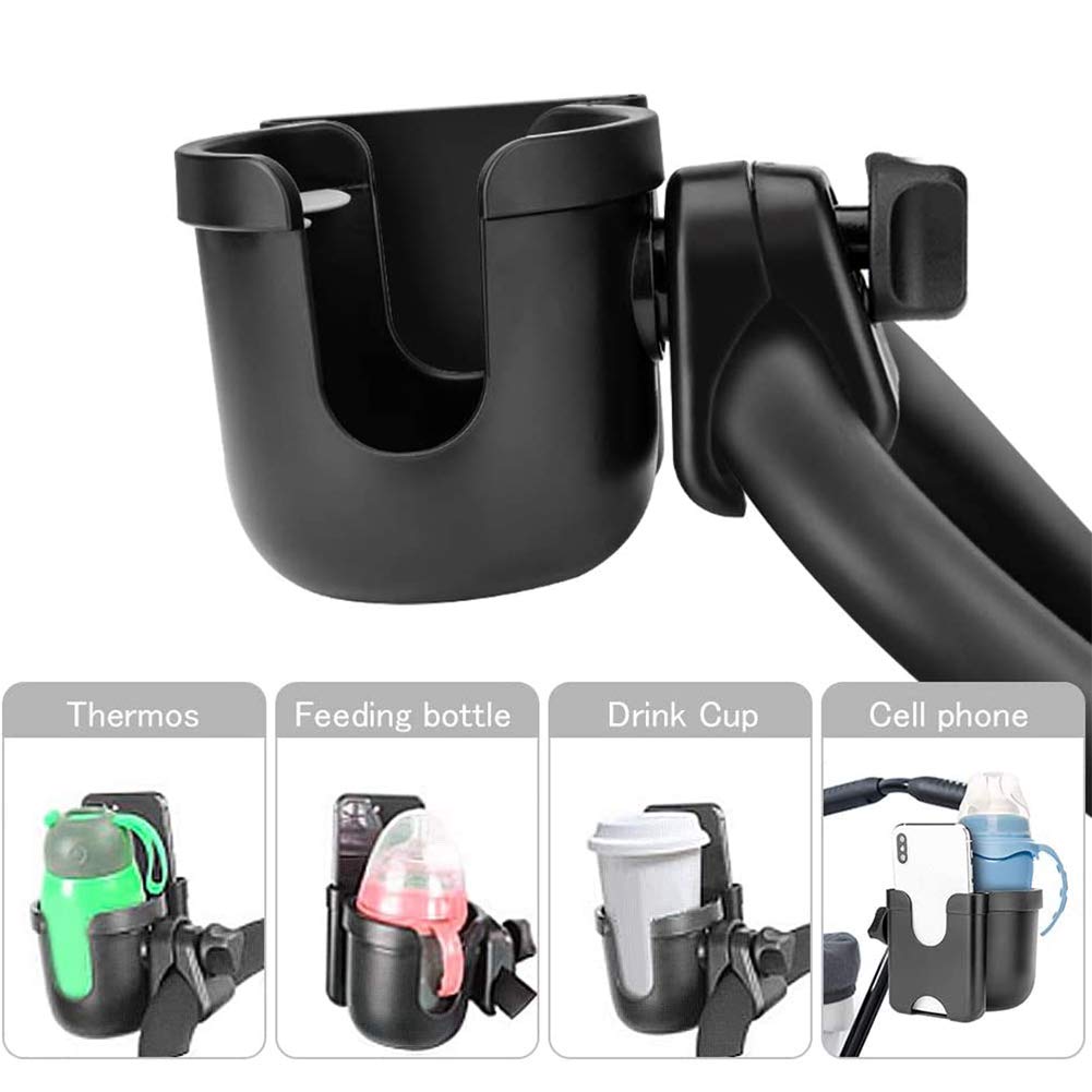 Stroller Cup Holder with Phone Organizer, 2-in-1 Universal Cup Holder, 360 Degrees Rotation Storage Rack for Stroller/ Pushchair/ Wheelchair/ Bike