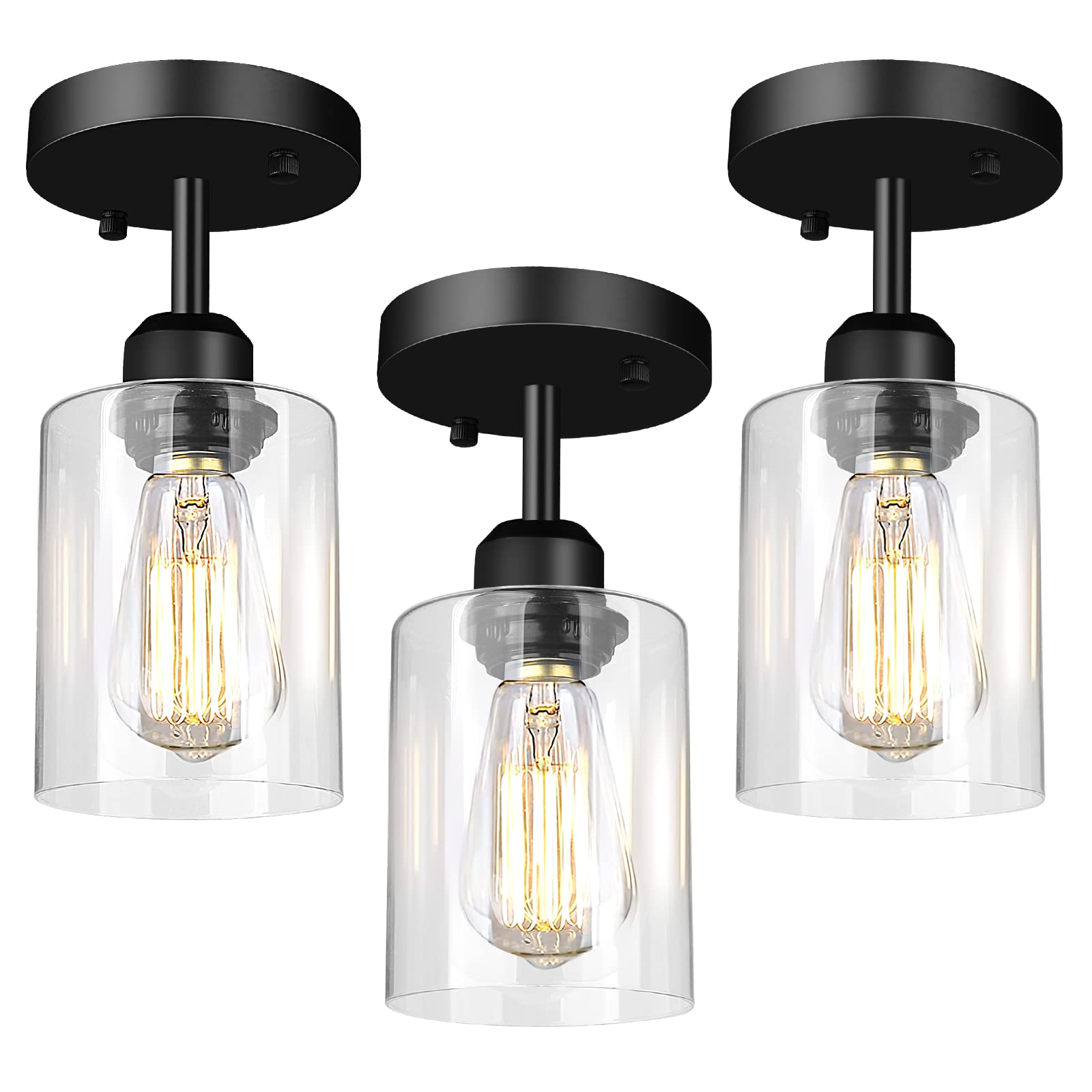 Sheetea 3-Pack Semi Flush Mount Ceiling Lights, Modern Close to Ceiling Light Fixtures with Clear Glass Shades, Black Industrial Lighting Ceiling Mount for Hallway Entryway Kitchen Bedroom Foyer