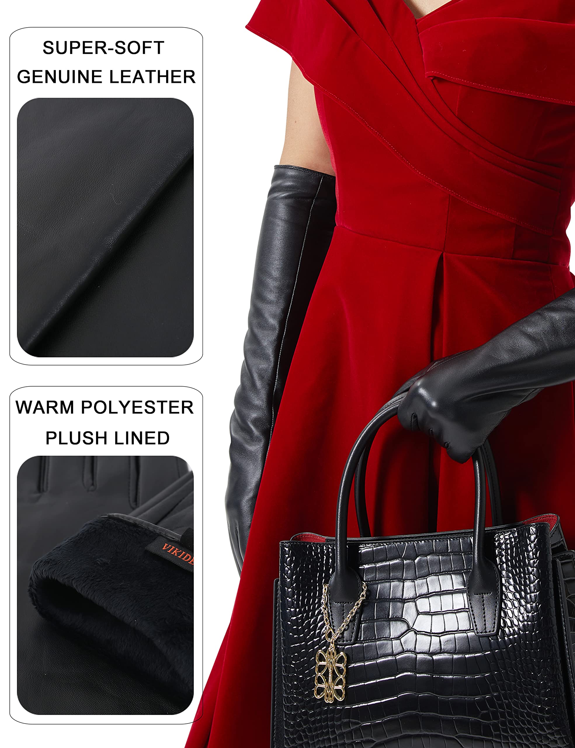 VIKIDEER Elegant Winter Black Long Leather Gloves for Women Full Touchscreen Womens Ladies Warm Lined Genuine Leather Gloves 19.6'' Black Midium